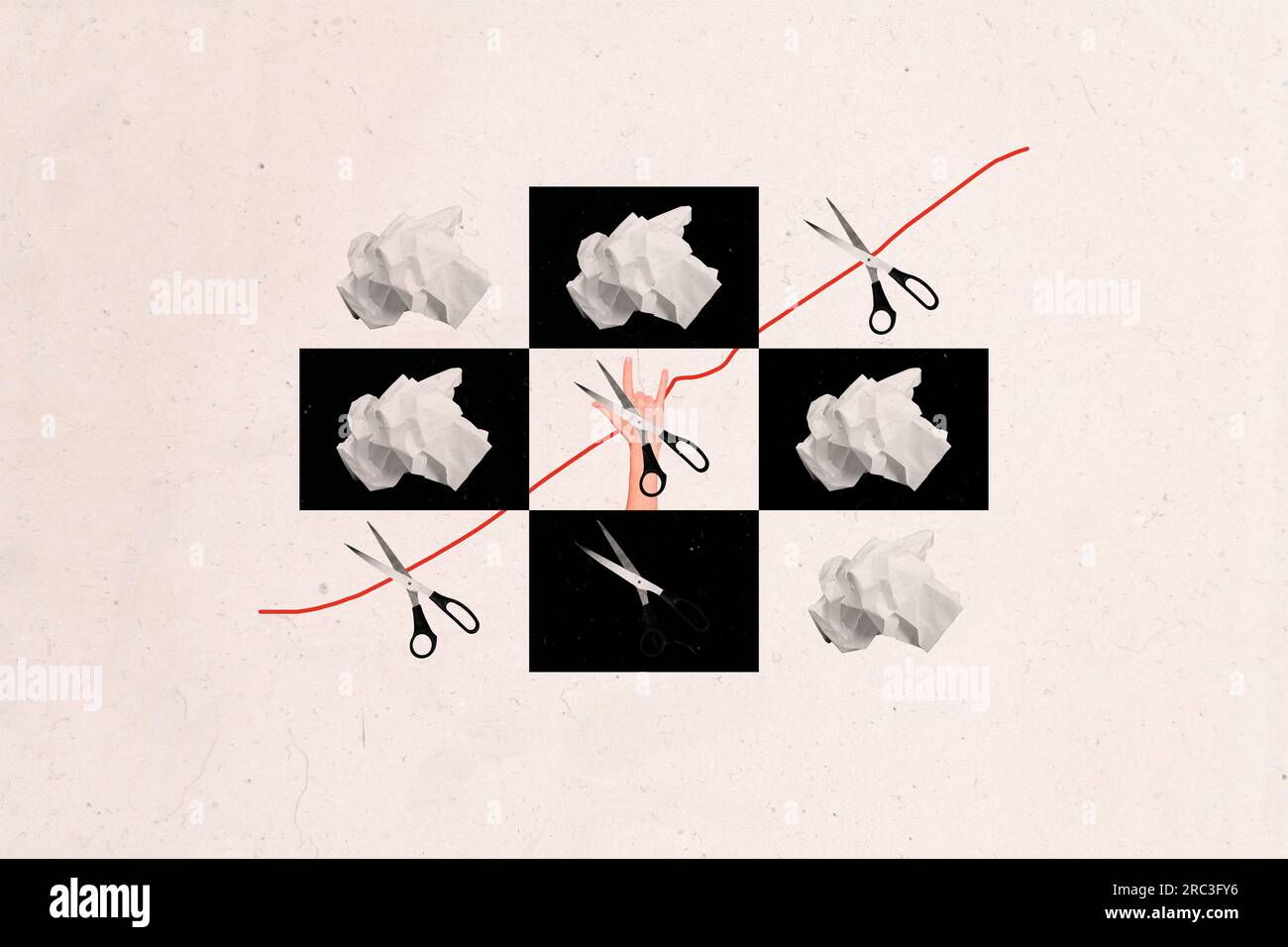 Creative Composite Illustration Colage Template Game Tic Tac Toe Rock Paper Scissors Game Chess