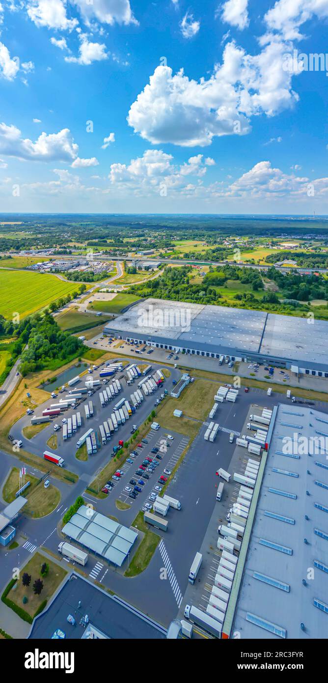 Aerial view of goods warehouse. Logistics center in industrial city ...
