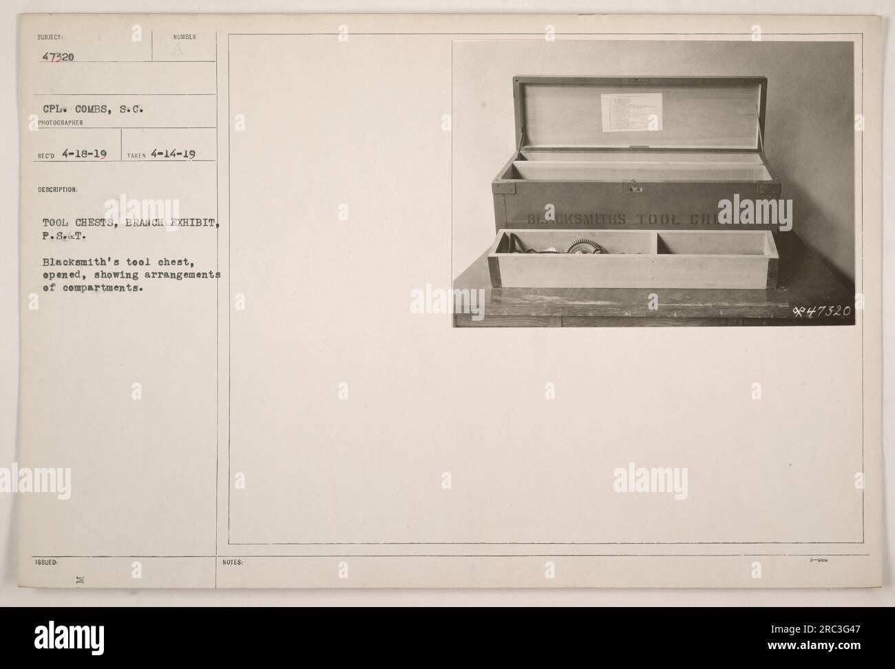 An opened tool chest, labeled as the P.S. & T. Blacksmith's tool chest ...