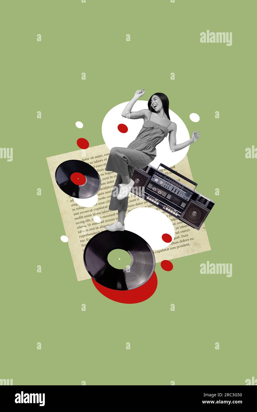 Vertical creative photo collage of ecstatic overjoyed young girl ...