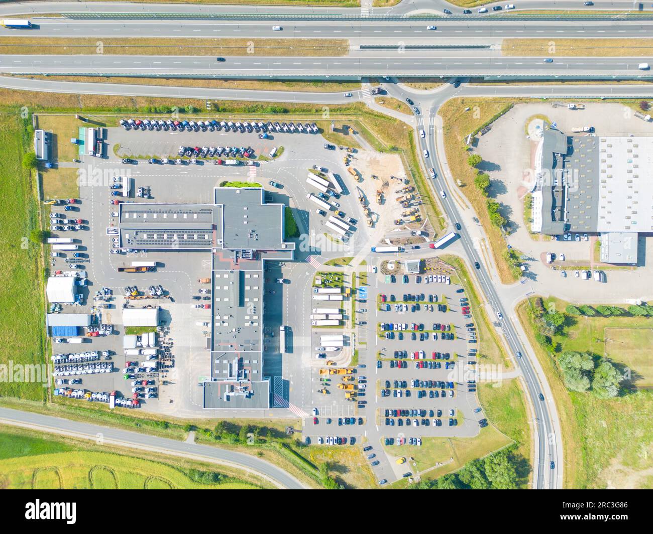 Aerial view of goods warehouse. Logistics center in industrial city ...