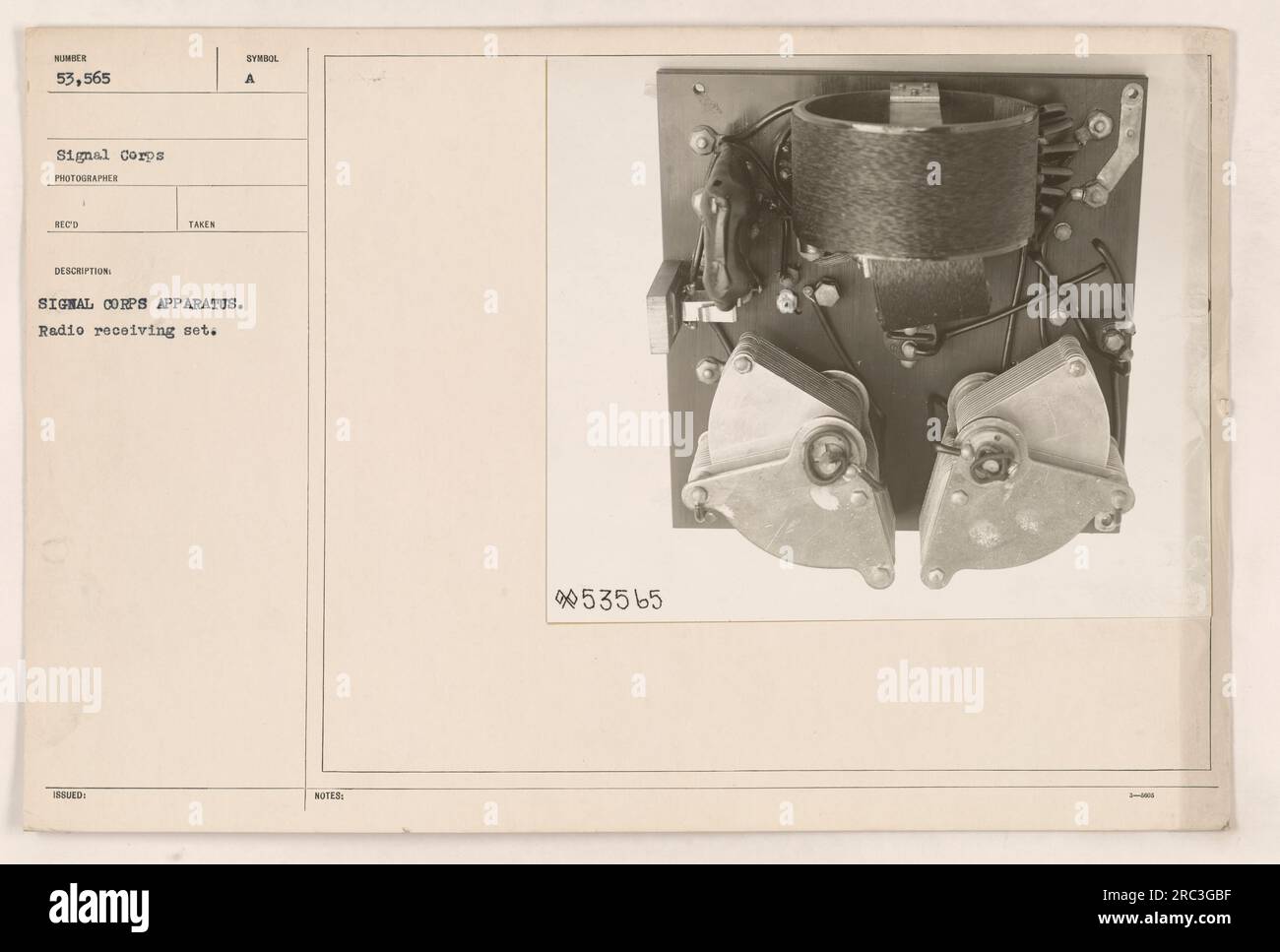 A radio receiving set, identified as NUMBER 53,565, from the Signal ...