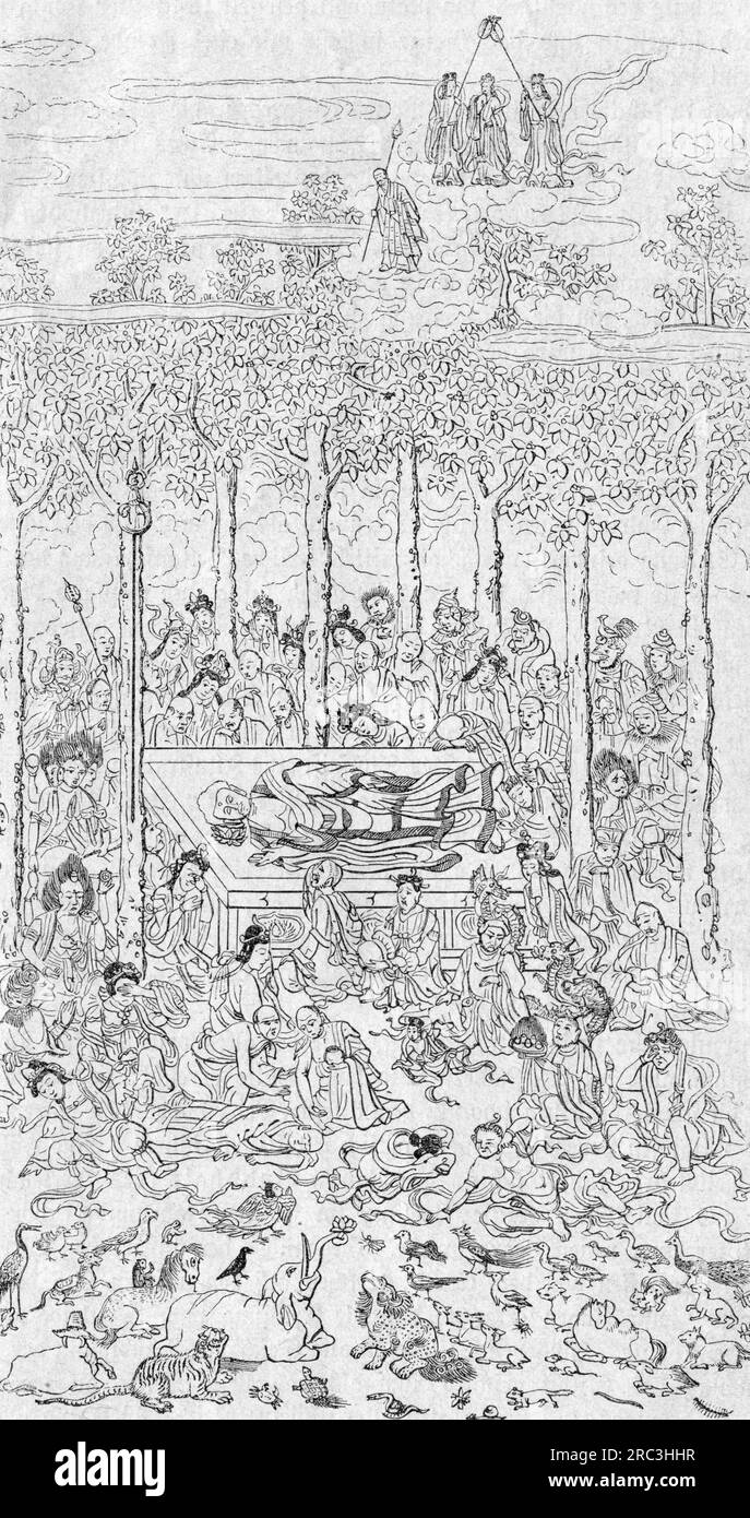 death, deathbed, Nirvana of the Buddha, adapted from painting by Foung ...