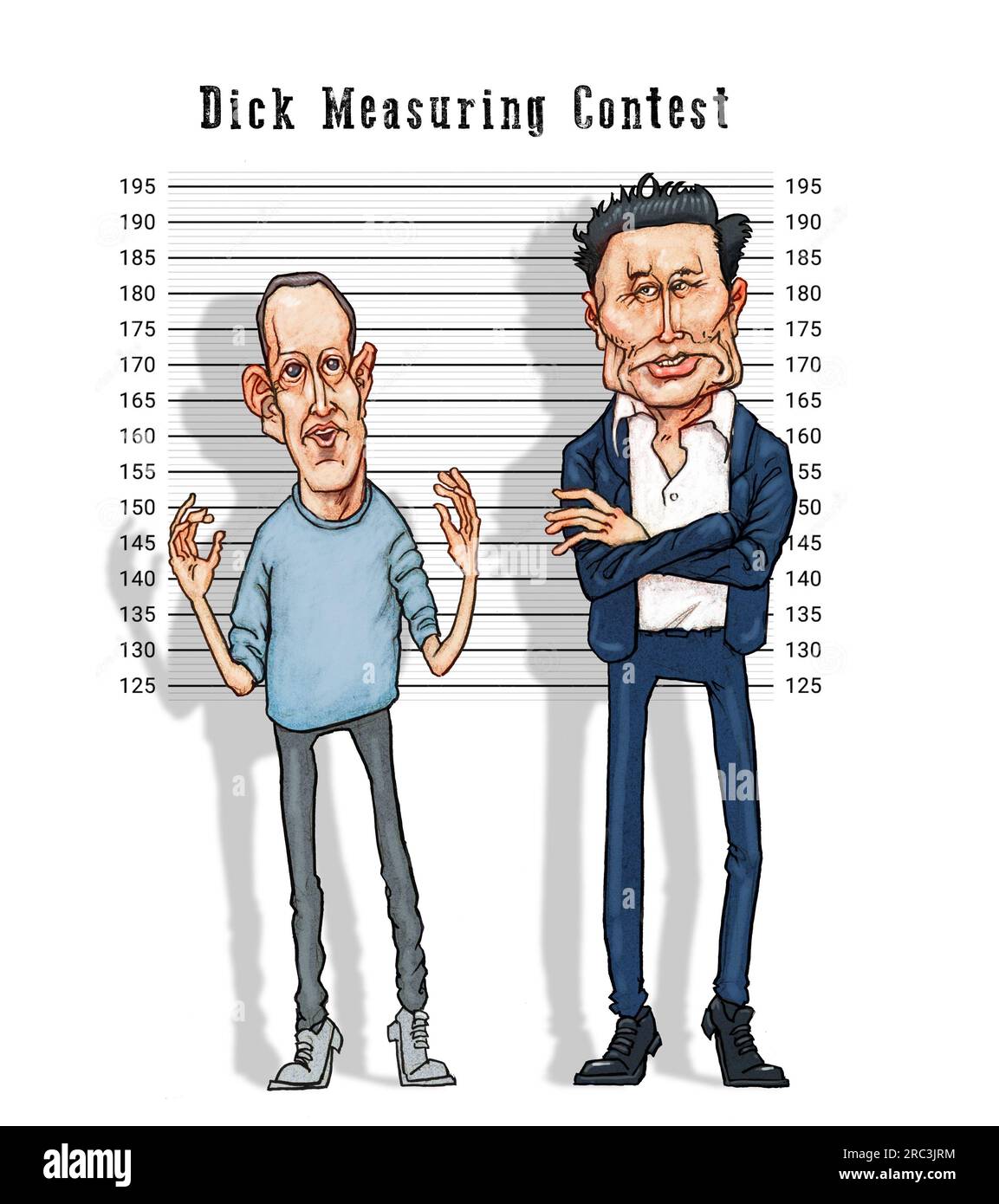 Satirical caricature art Elon Musk (r) Mark Zuckerberg standing by ...