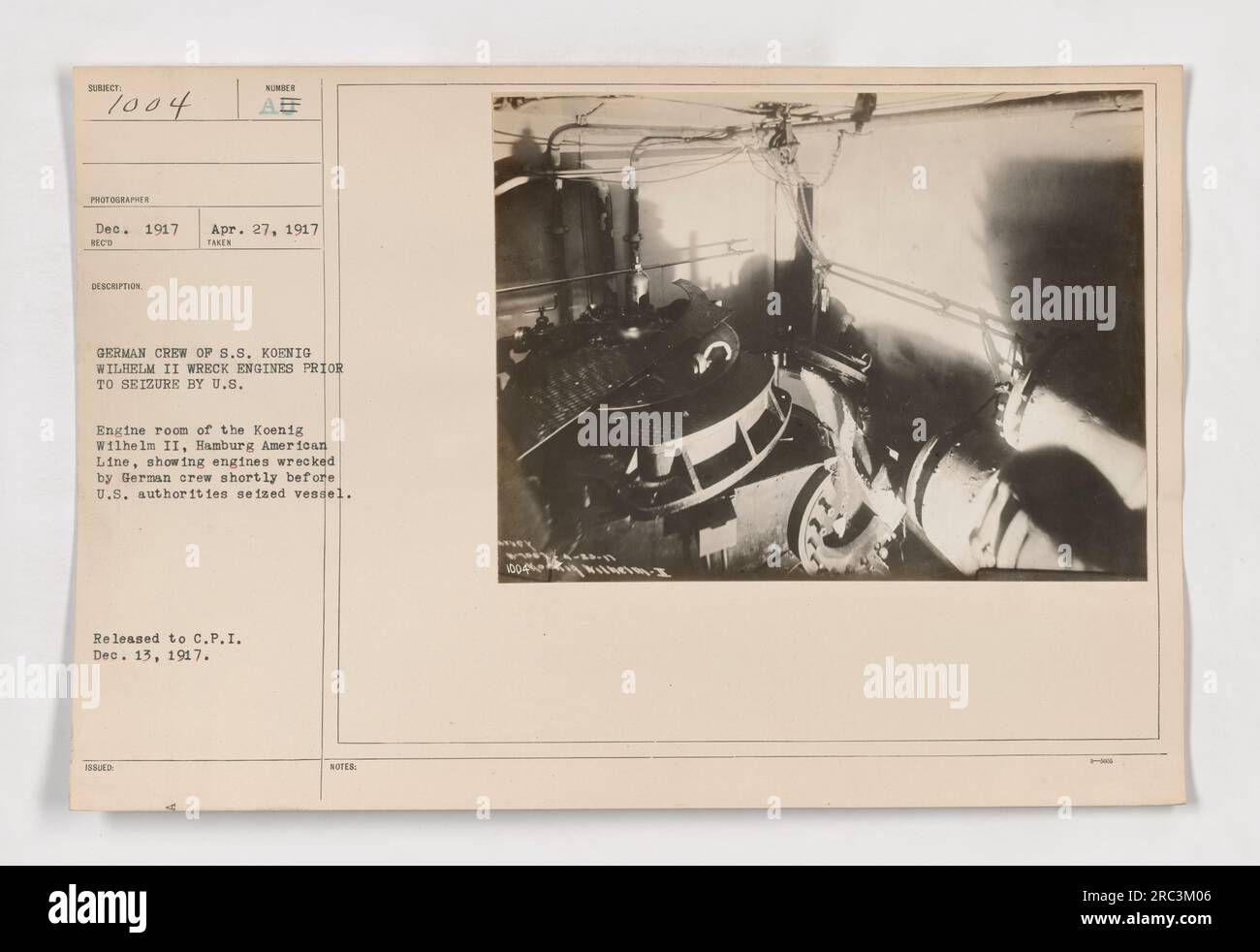 The image shows the engine room of the German ship, Koenig Wilhelm II ...