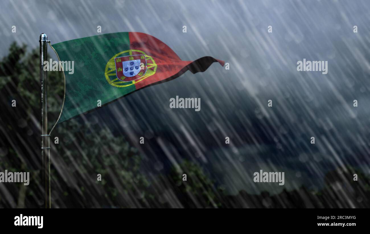 flag of Portugal with rain and dark clouds, storm forecast symbol ...