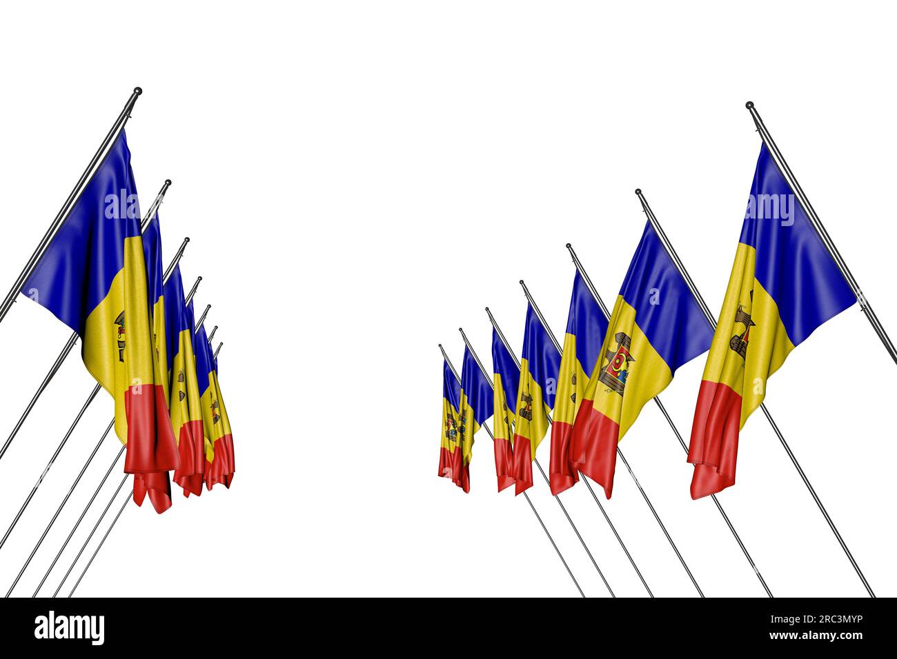 pretty many Moldova flags hangs on diagonal poles from left and right ...