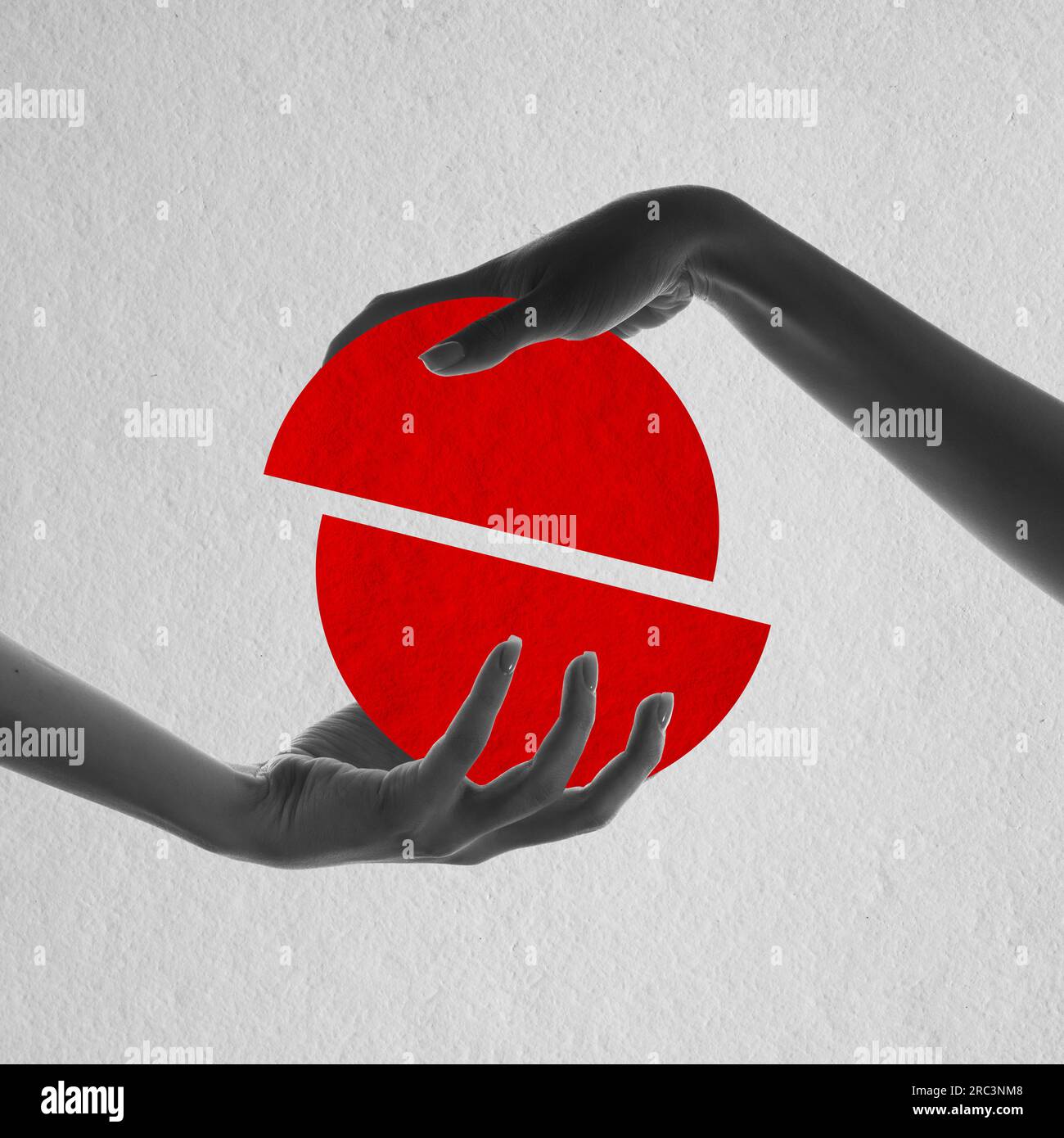 Contemporary art collage. Human hands holding round graph divided into ...