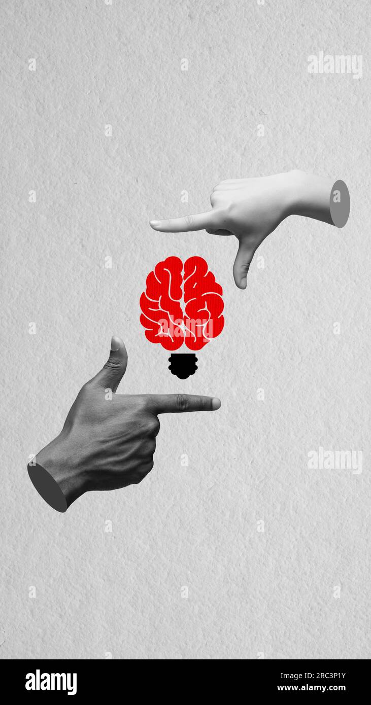 Contemporary art collage. Human hands over brain in lightbulb shape ...