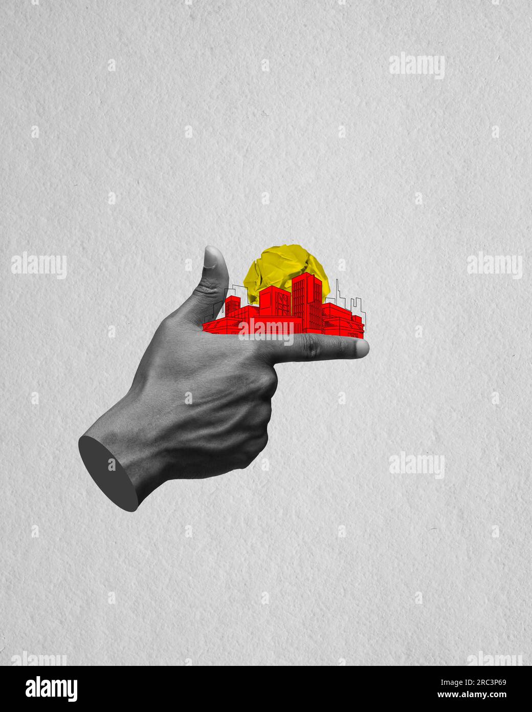 Contemporary art collage. Architect. Human hand holding model of little ...