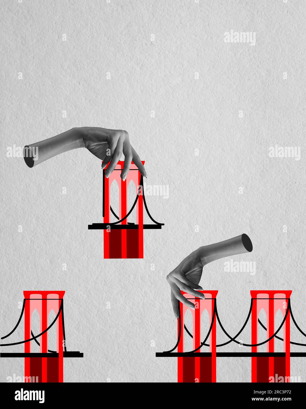 Contemporary art collage. Human hands holding and connecting parts of ...