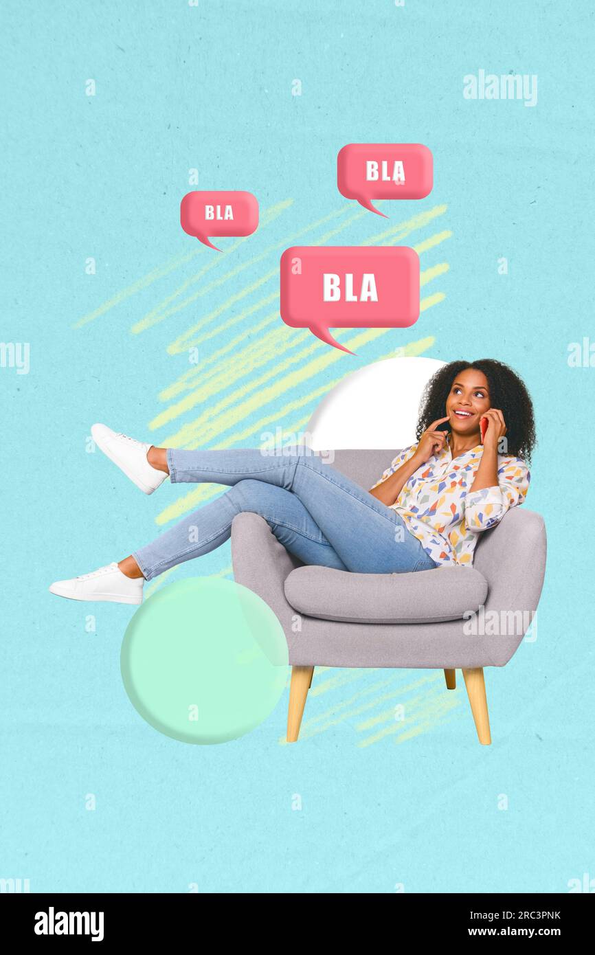 Poster banner collage of curious interested lady have chat with friends ...