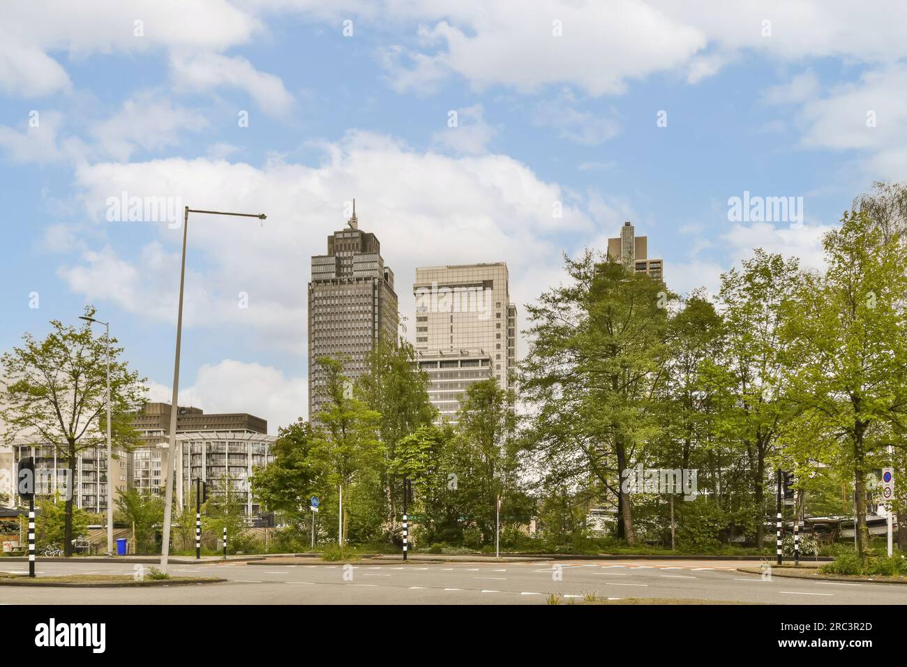 a city street with buildings in the background and trees on either side ...