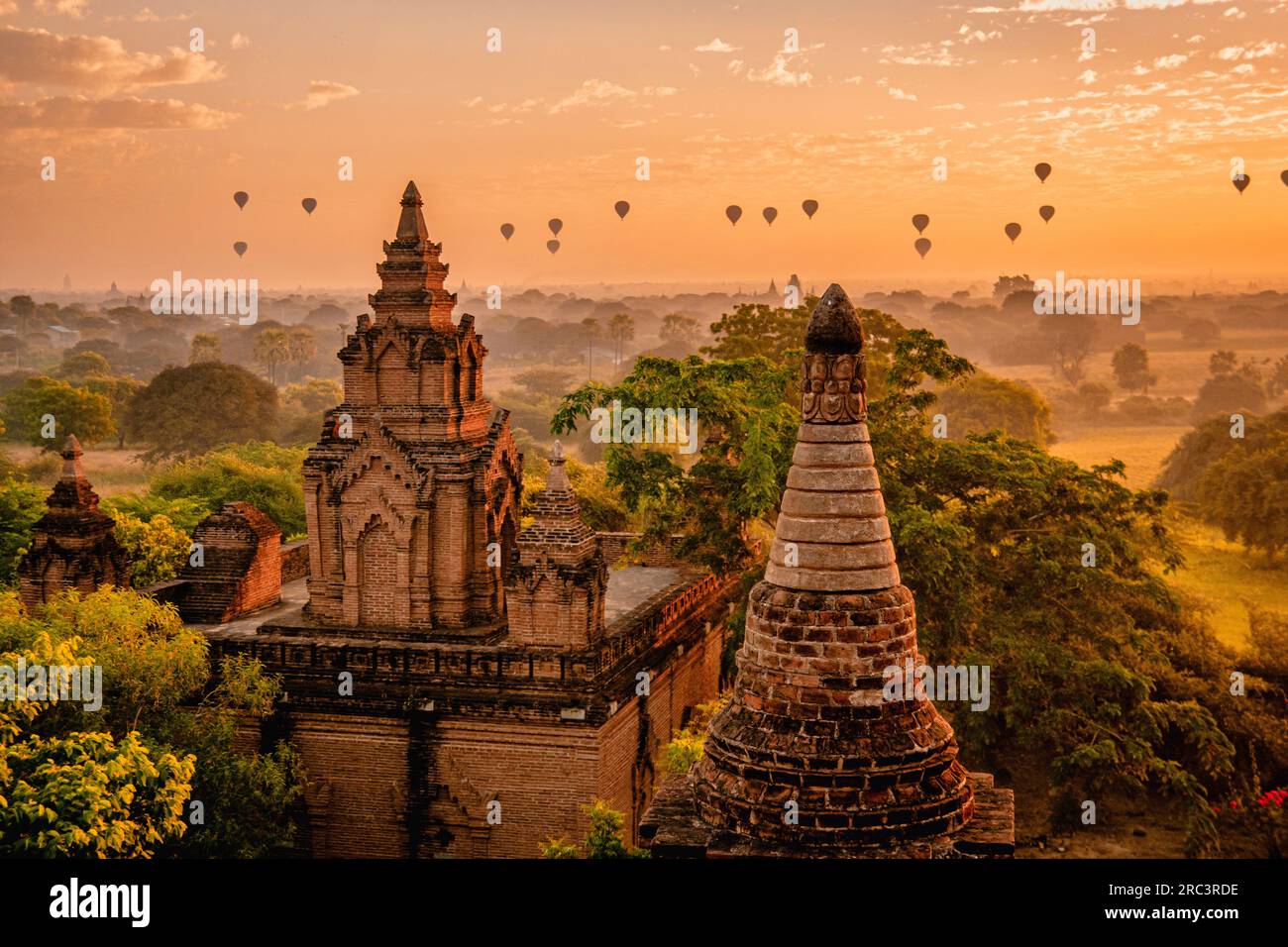 Bagan Myanmar, Sunrise above temples and pagodas of Bagan Myanmar ...