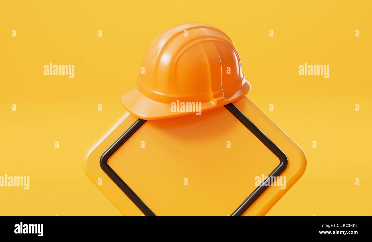 Yellow construction hard hat on a blank building site sign. 3D ...