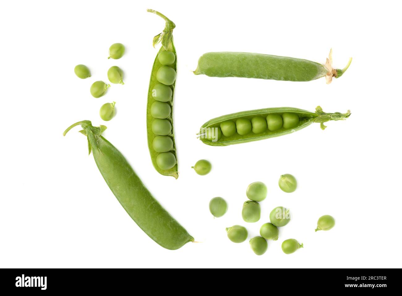 Open and closed pea pods, individual peas on a white background. View ...