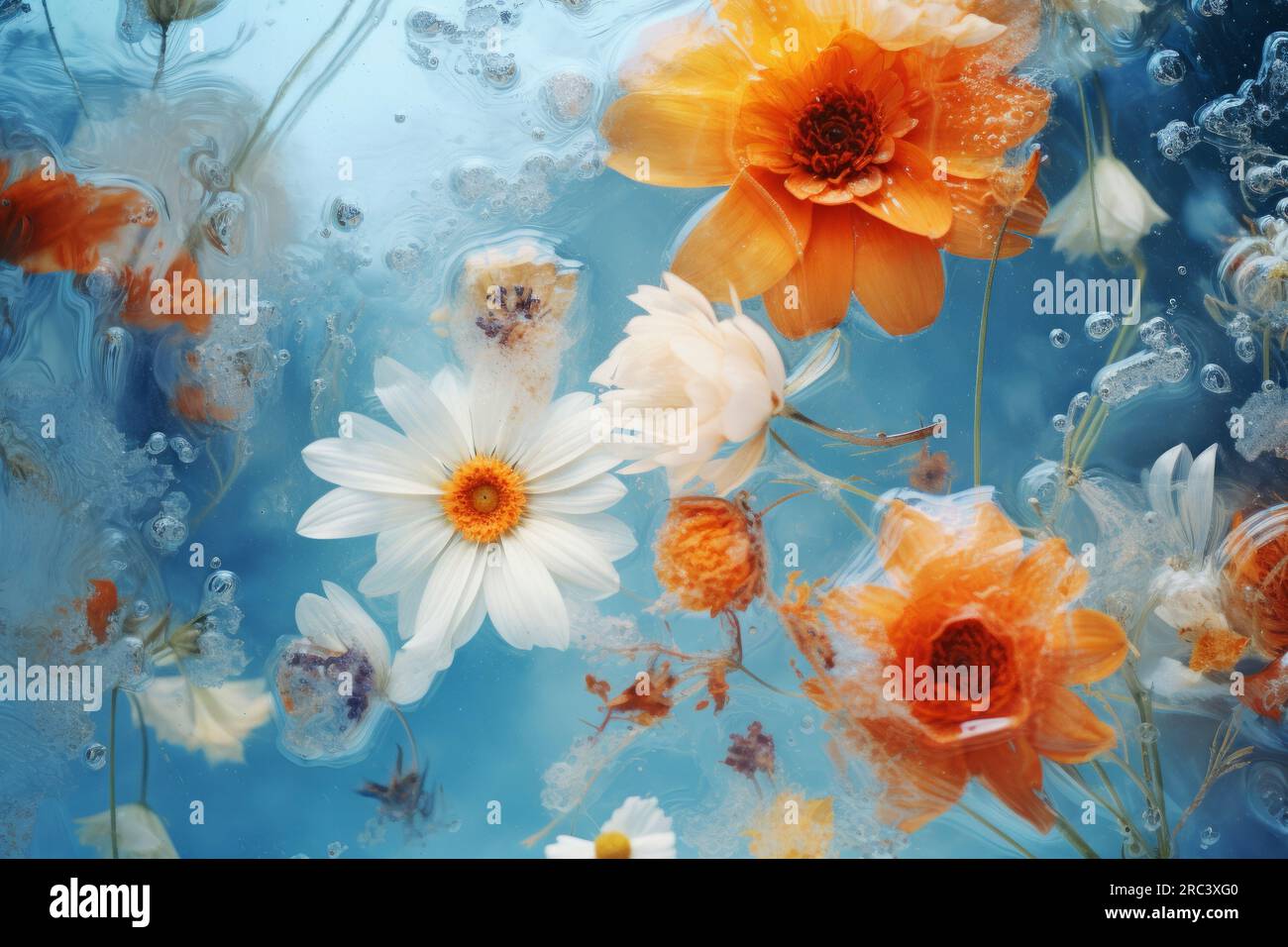 Field flowers in ice. Wild flowers in frozen water. Floral background ...