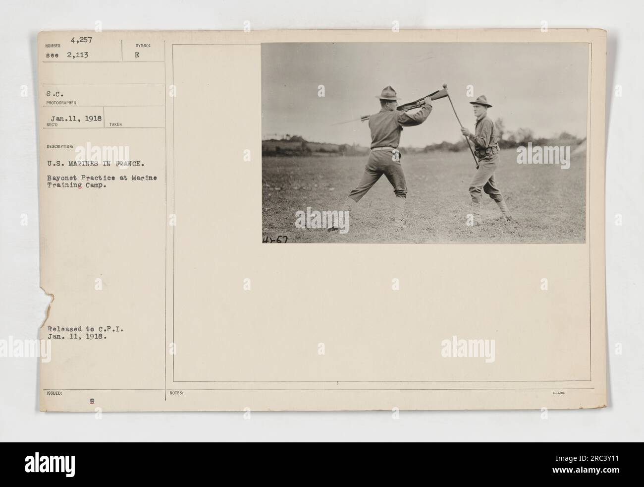 US Marines performing bayonet practice at a training camp in France ...