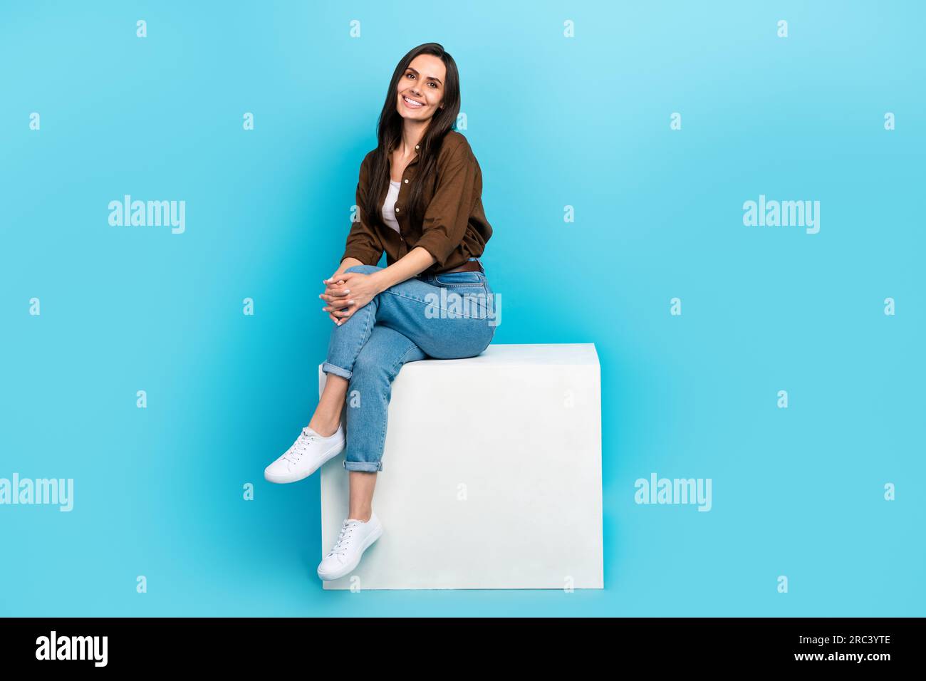 Full body length photo of sitting platform adorable model woman wear ...