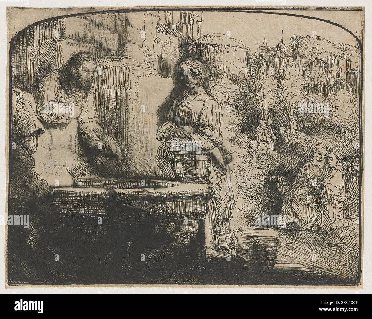 Christ and the woman of Samaria an arched print 1658 by Rembrandt Stock ...