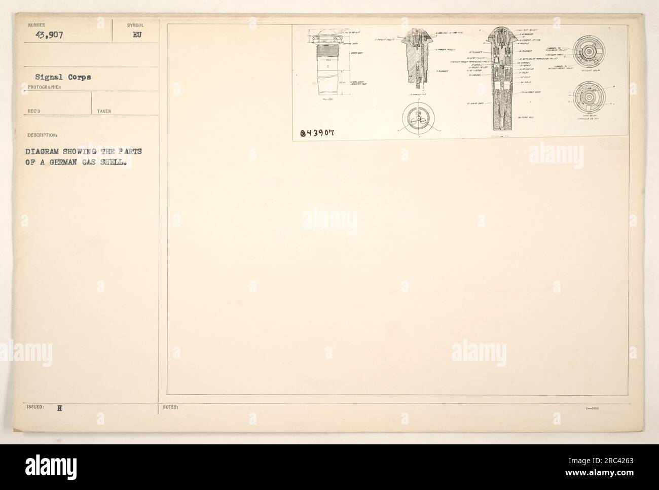 This photograph depicts a diagram of the parts of a German gas shell ...