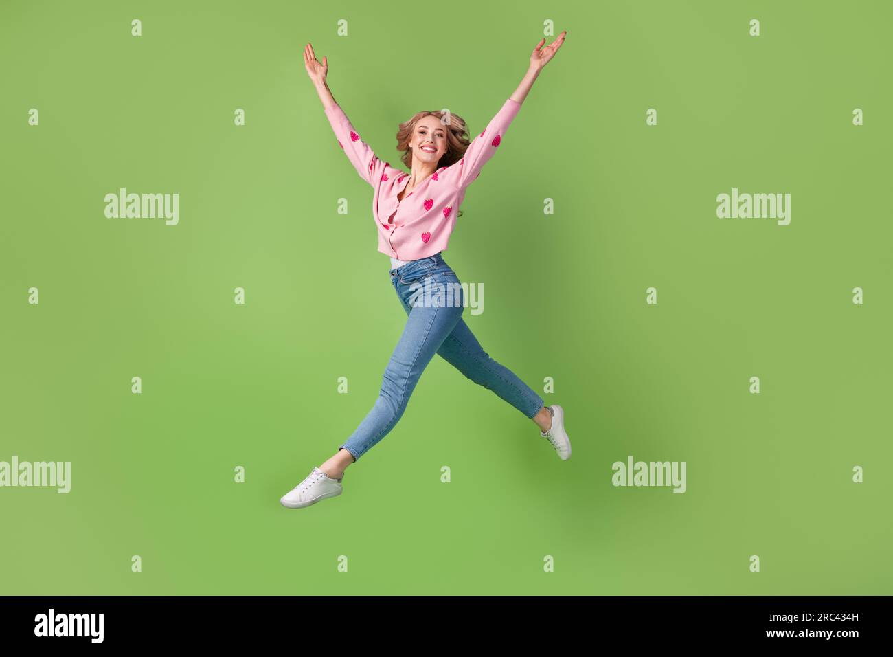 Full size profile portrait of gracious stunning girl jumping run raise ...