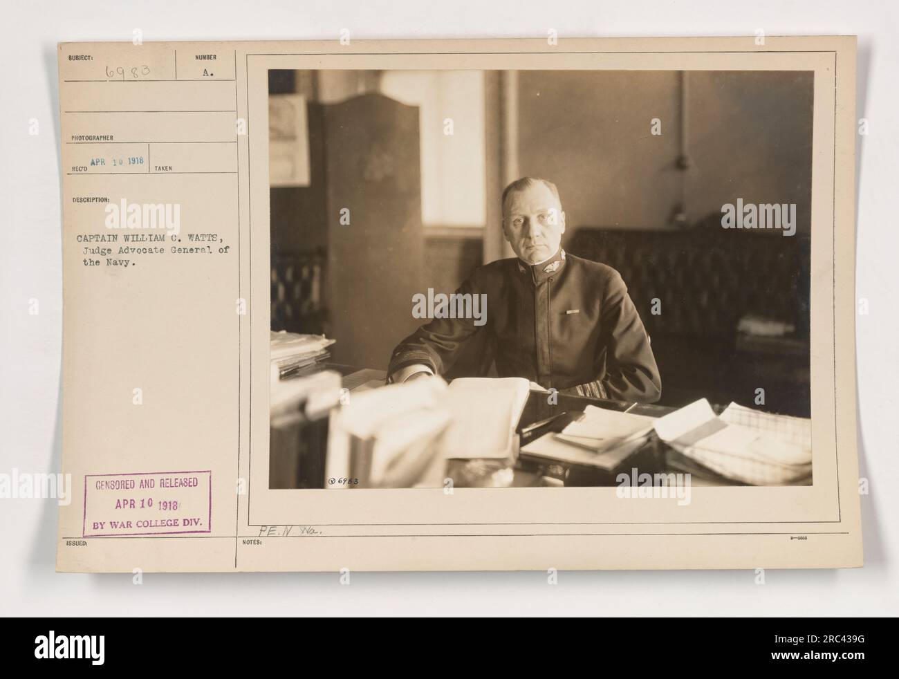 Captain William C. Watts, Judge Advocate General of the Navy, seen in ...