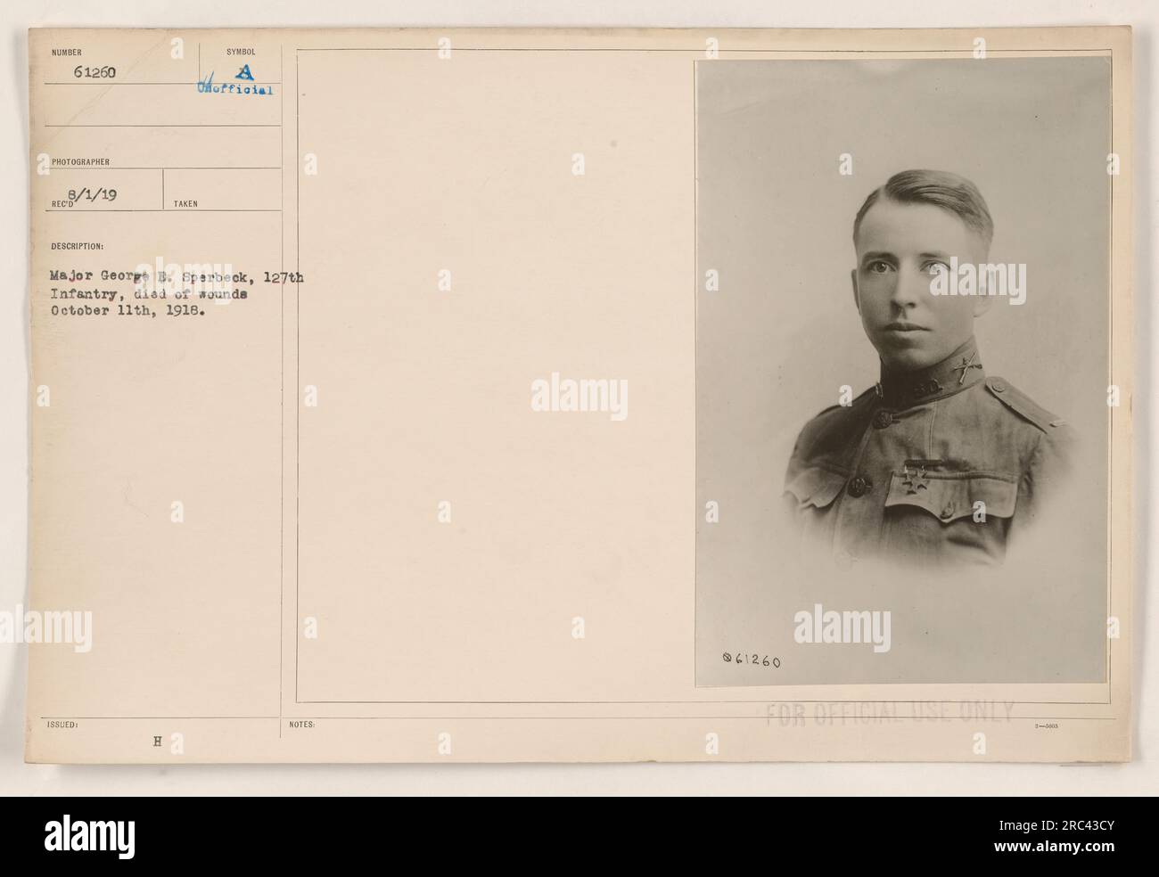 Photograph of Major George E. Sperbeck, 127th Infantry, who passed away ...