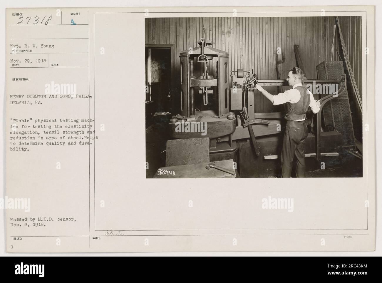 Private R.W. Young photographed taking the "Riehle" physical testing ...