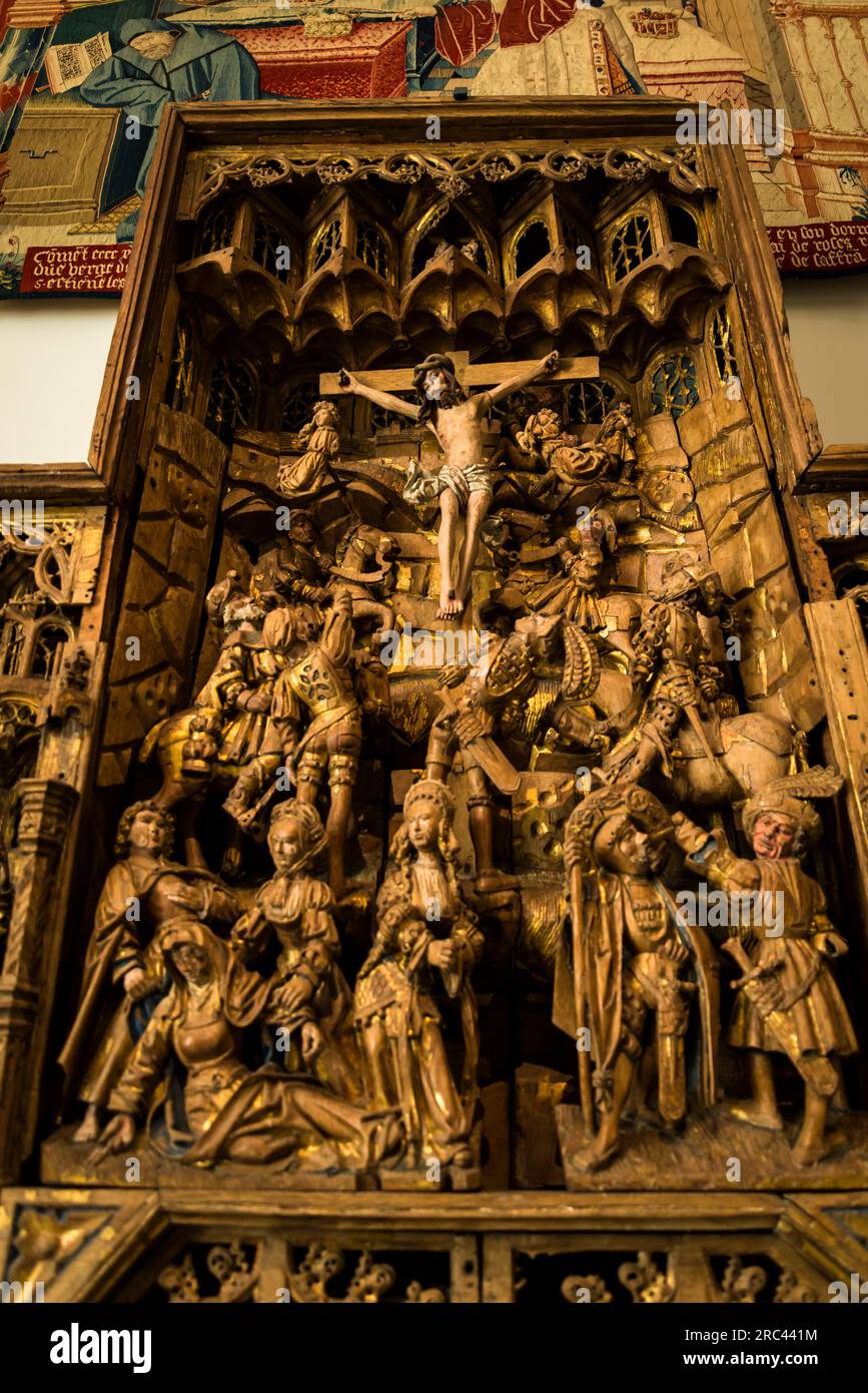 Crucifixion scene, Wooden medieval altar, Cluny Museum - National Museum of the Middle Ages ...