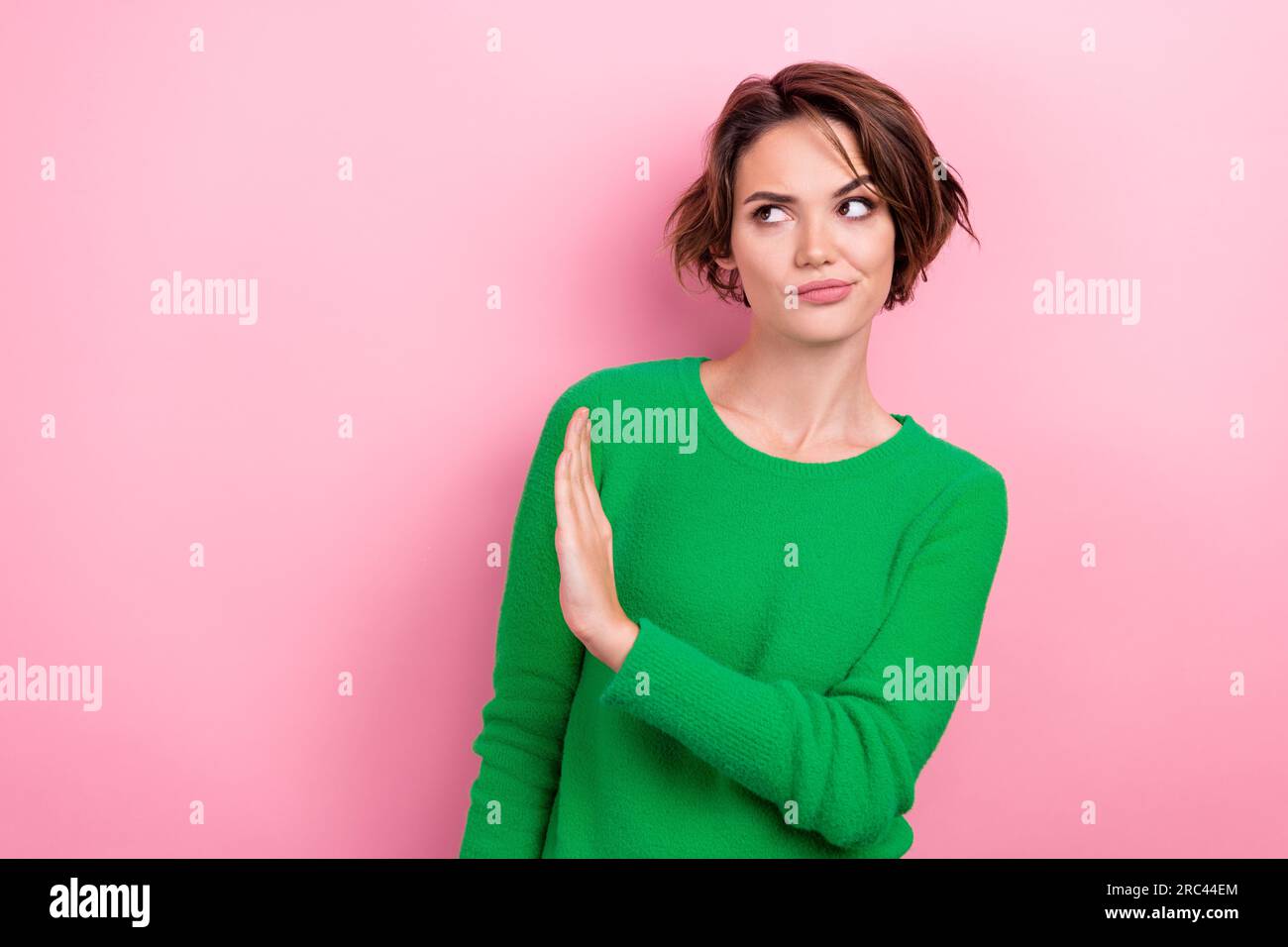 Photo of young funny woman showing stop sign dislike against propaganda ...