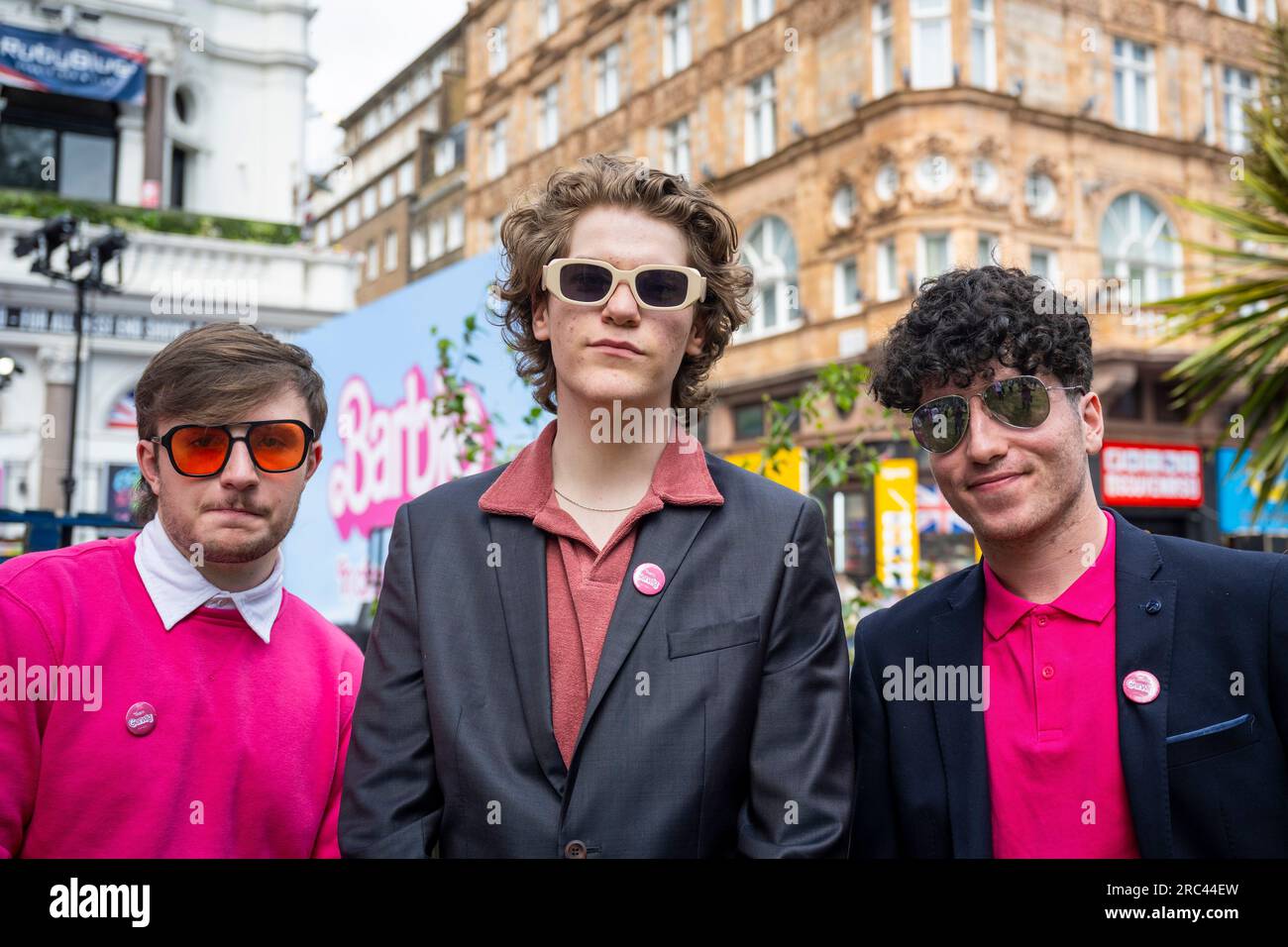 London, UK. 12 July 2023. Barbie fans from Dublin, all as Ken, in ...