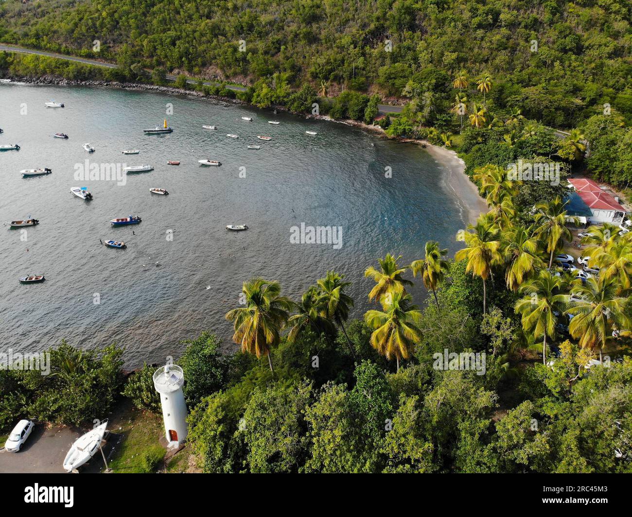 Guadeloupe drone point of view. Fishing harbor bay aerial view in ...
