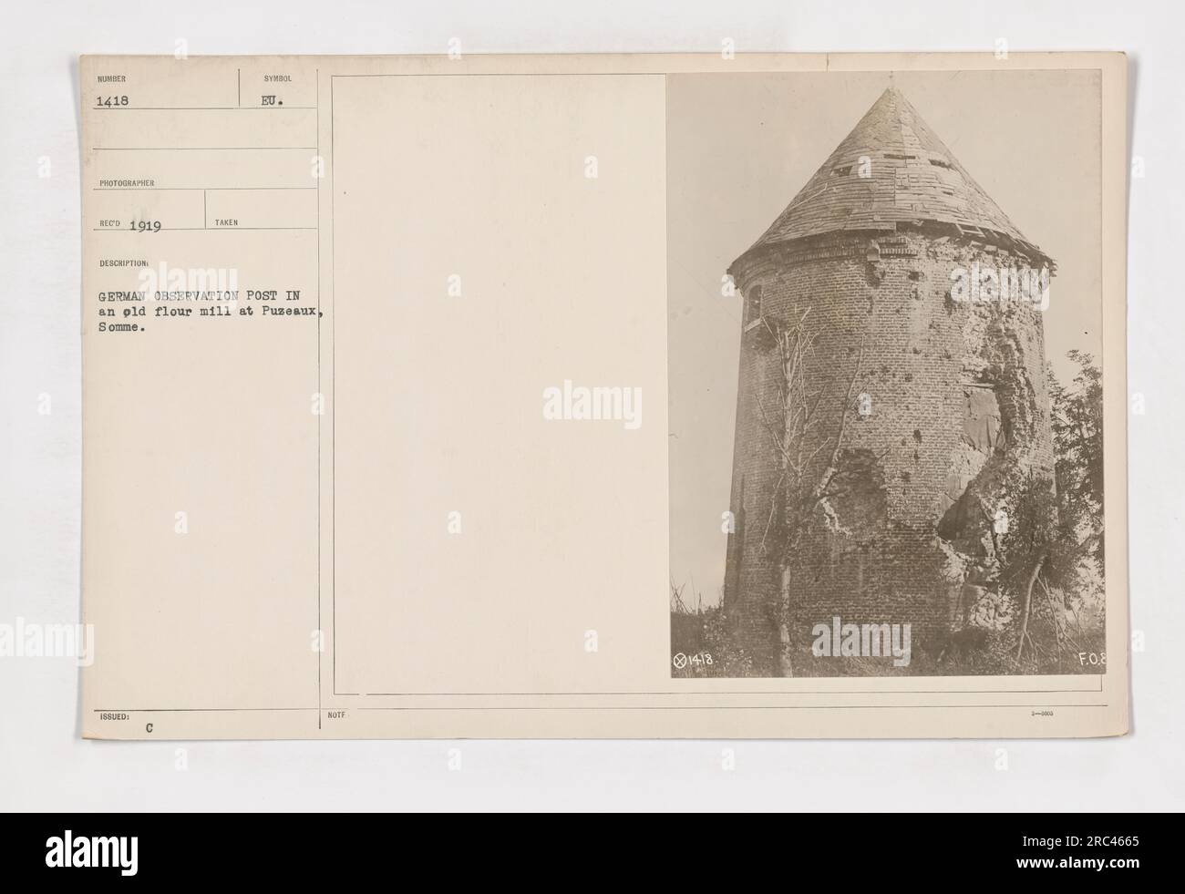 German observation post in an old flour mill at Puzeaux, Somme. The ...