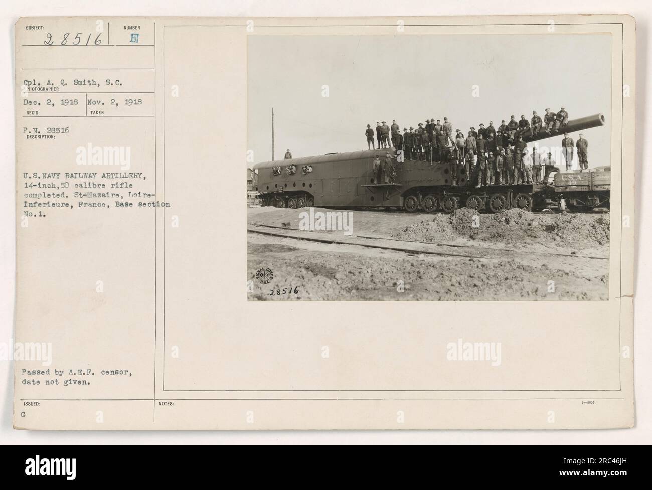 U.S. Navy Railway Artillery crew completes construction of a 14-inch ...