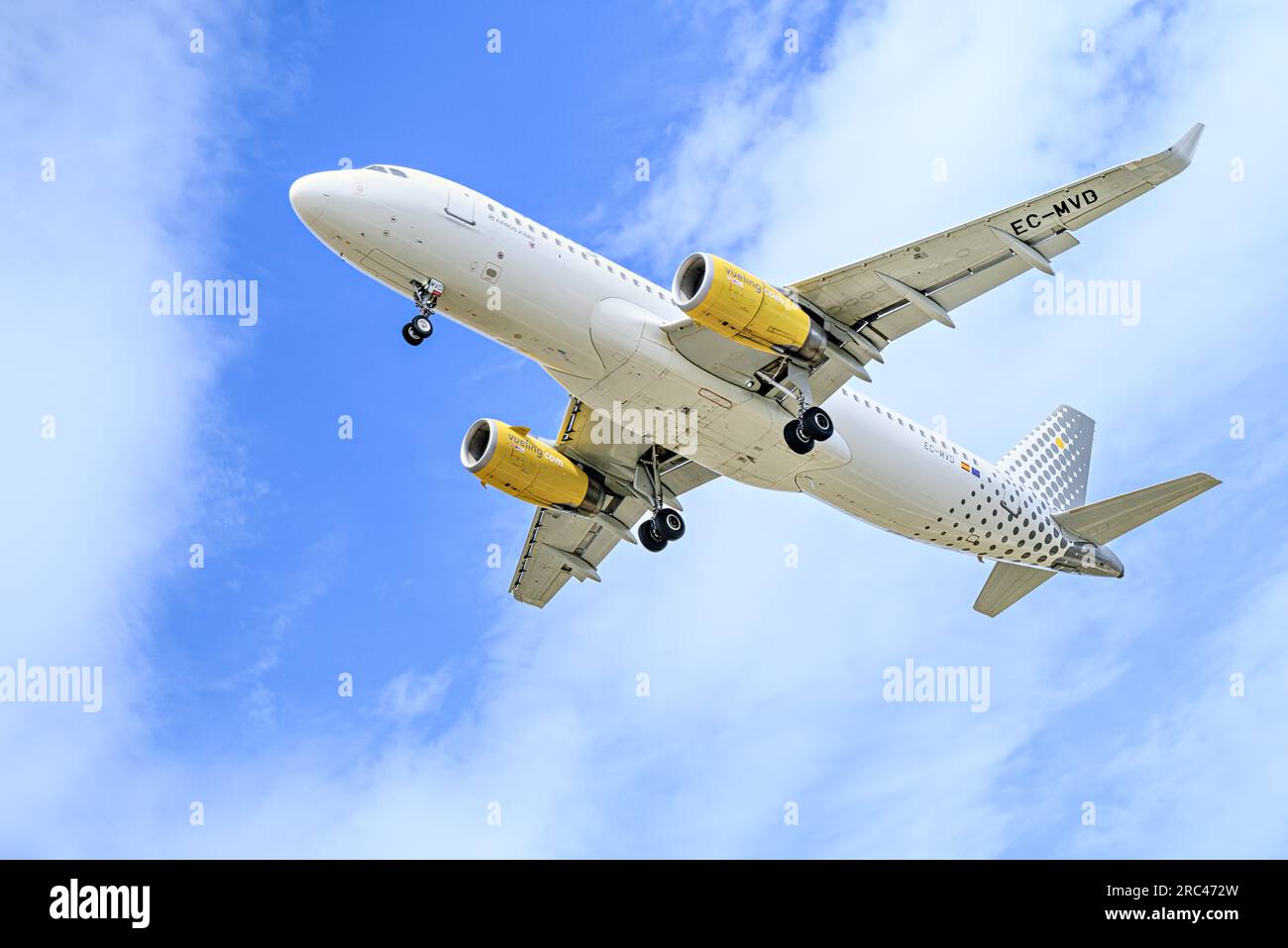 Barcelona, Spain; April 10, 2023: Vueling Airbus A320 plane, landing at ...