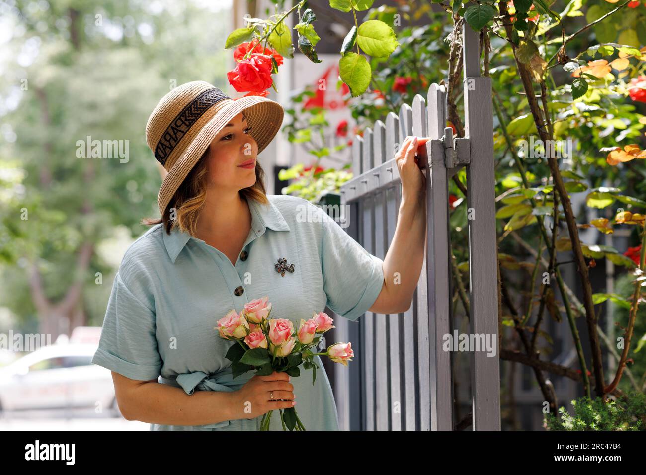 beautiful young woman at the gate admires a rose bush Stock Photo - Alamy