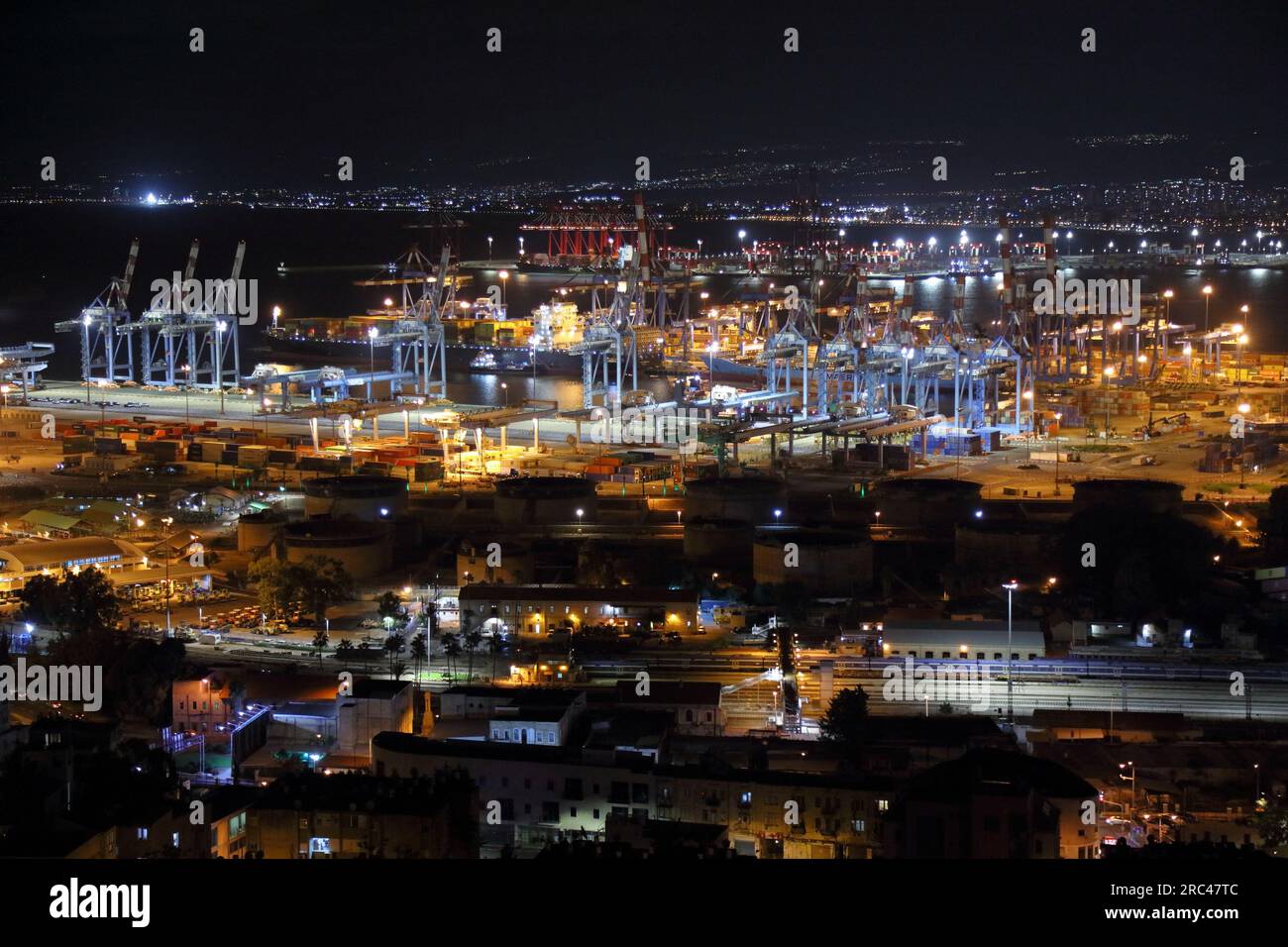 HAIFA, ISRAEL - OCTOBER 31, 2022: Night aerial view of Port of Haifa, a ...