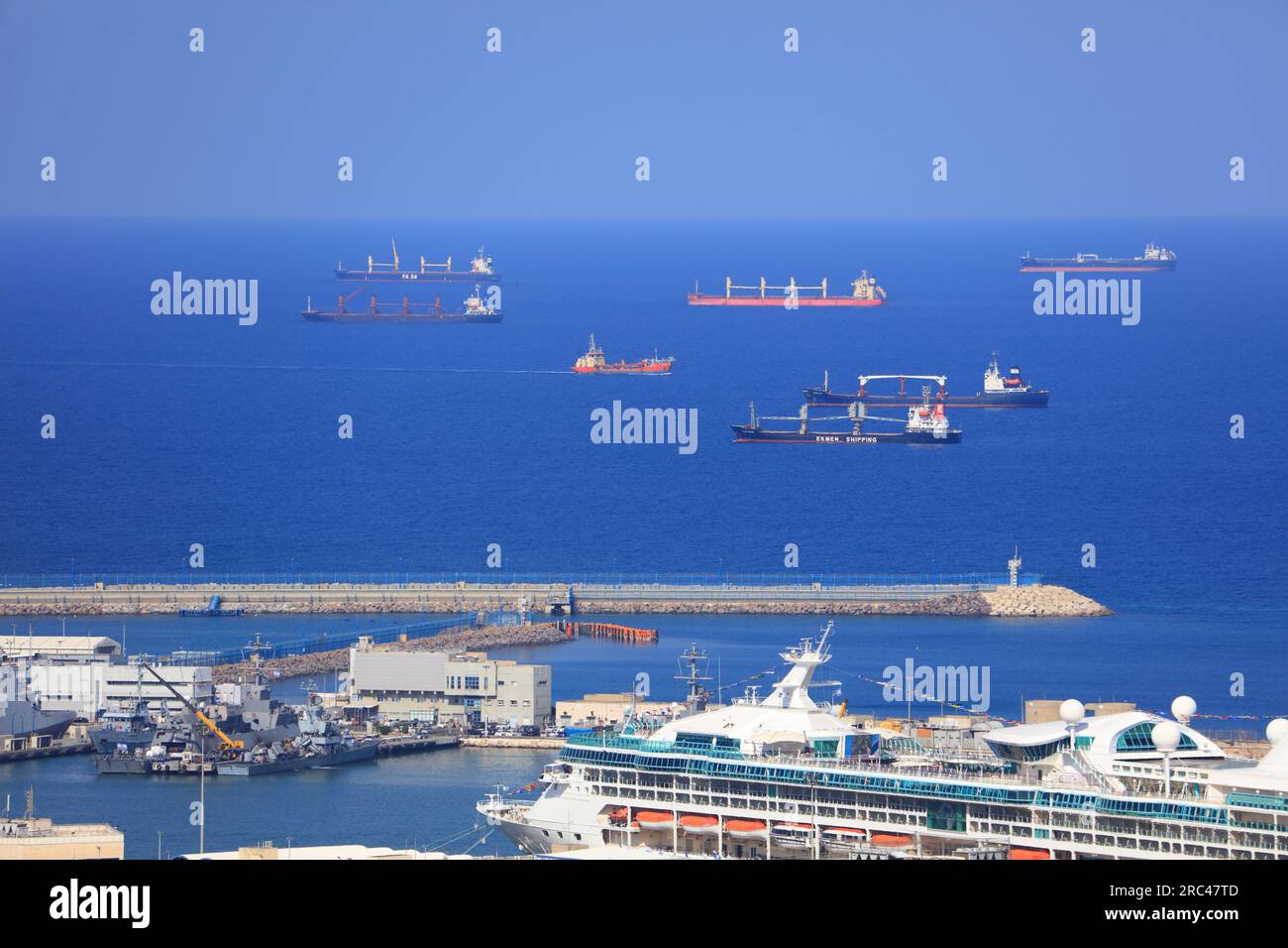 HAIFA, ISRAEL - OCTOBER 31, 2022: Ships waiting for entry to Port of ...