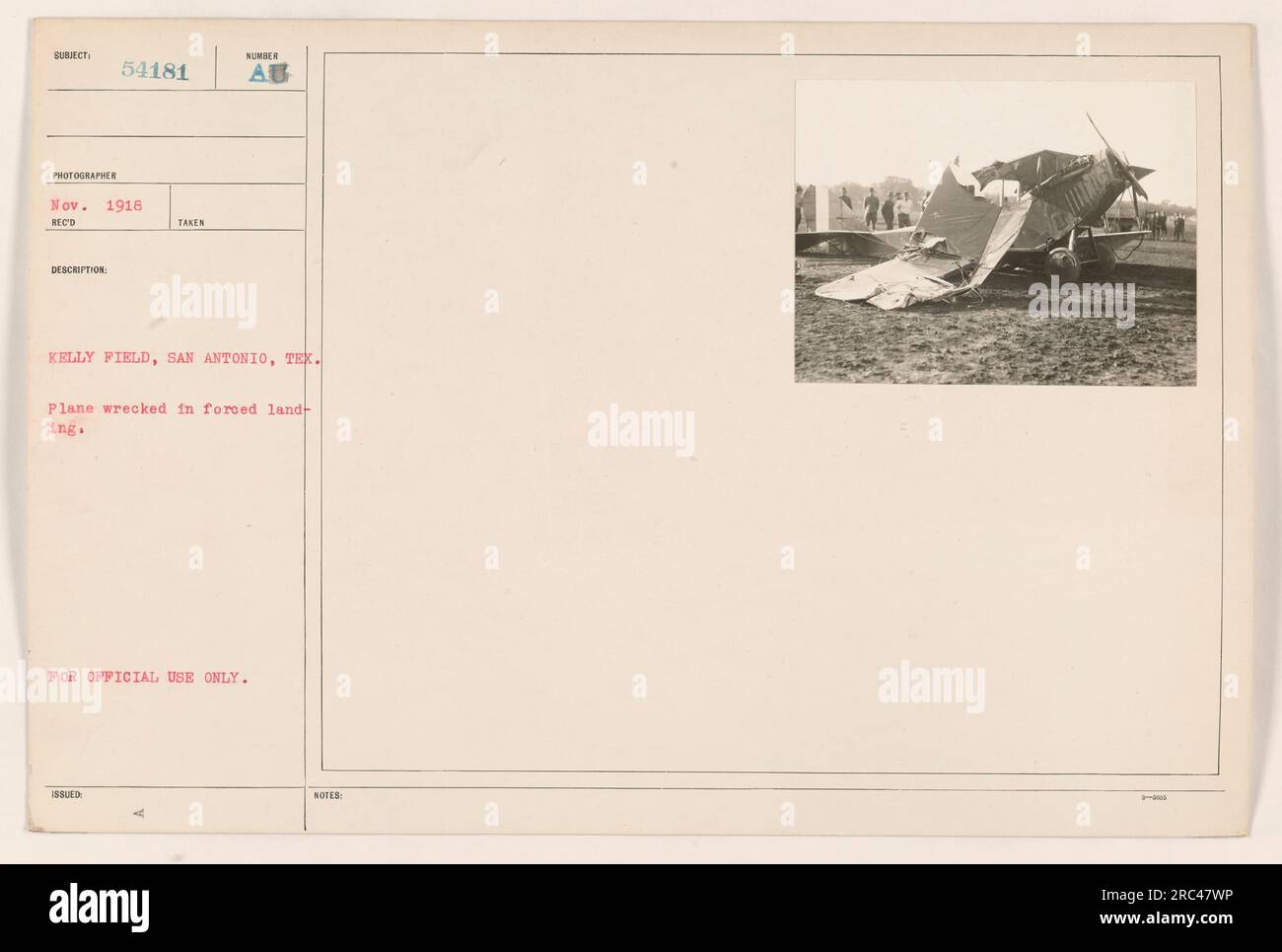 "Kelly Field, San Antonio, Tex. An airplane wrecked during a forced ...
