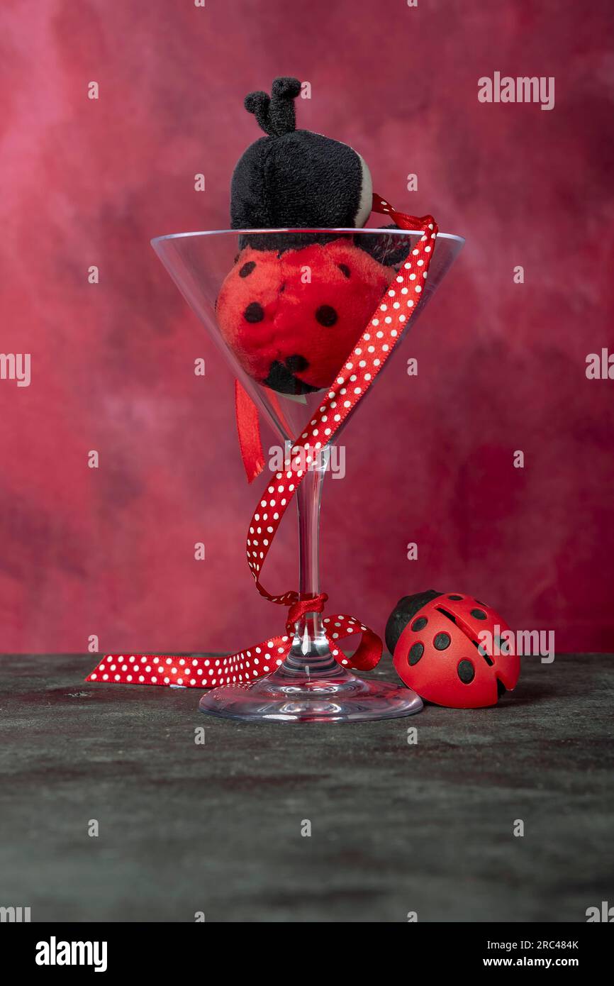 A triangular-shaped glass contains a stuffed ladybug, with a ladybug ...