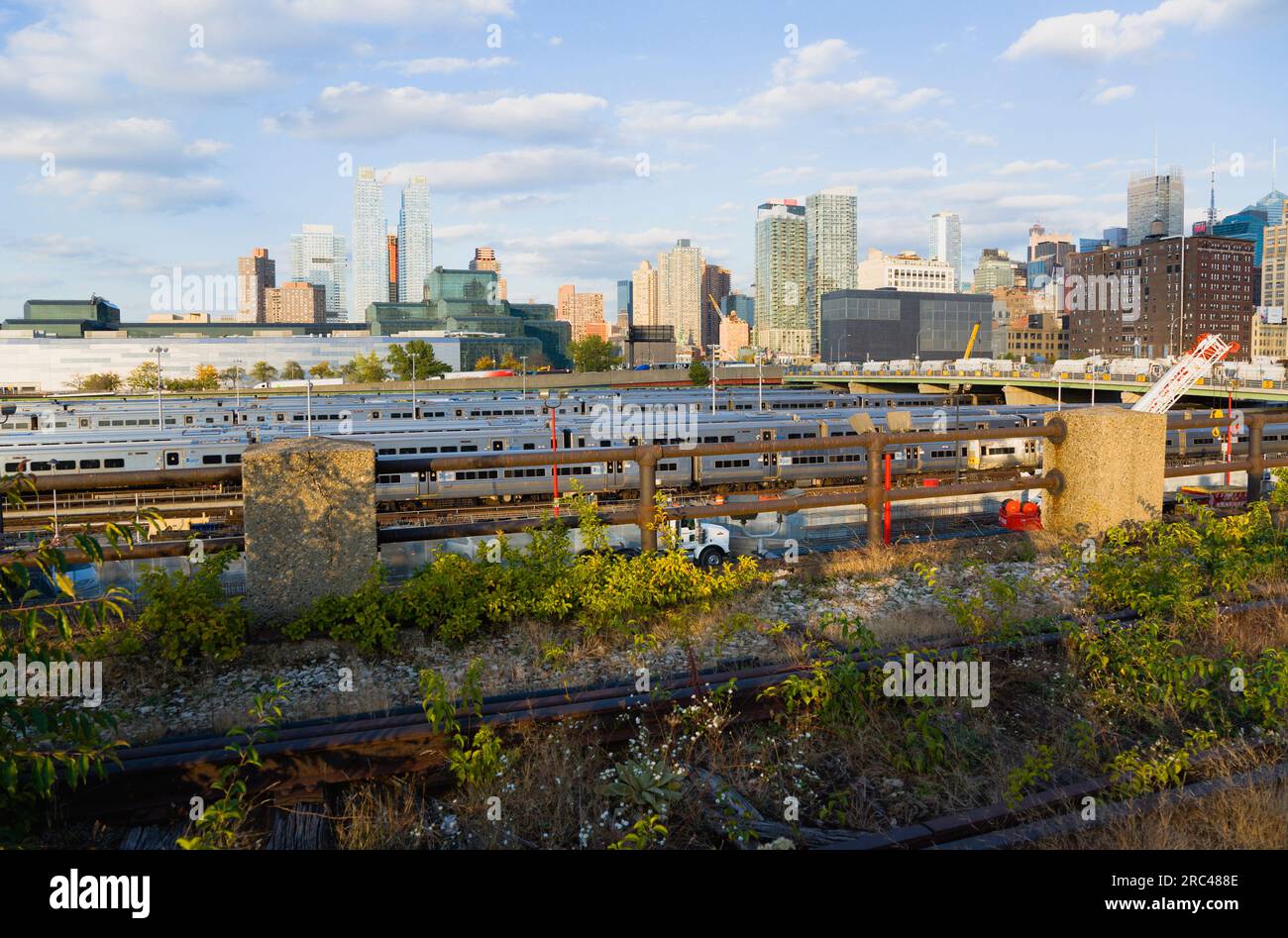 USA, New York, Manhattan, wild plant area and original rails of the ...