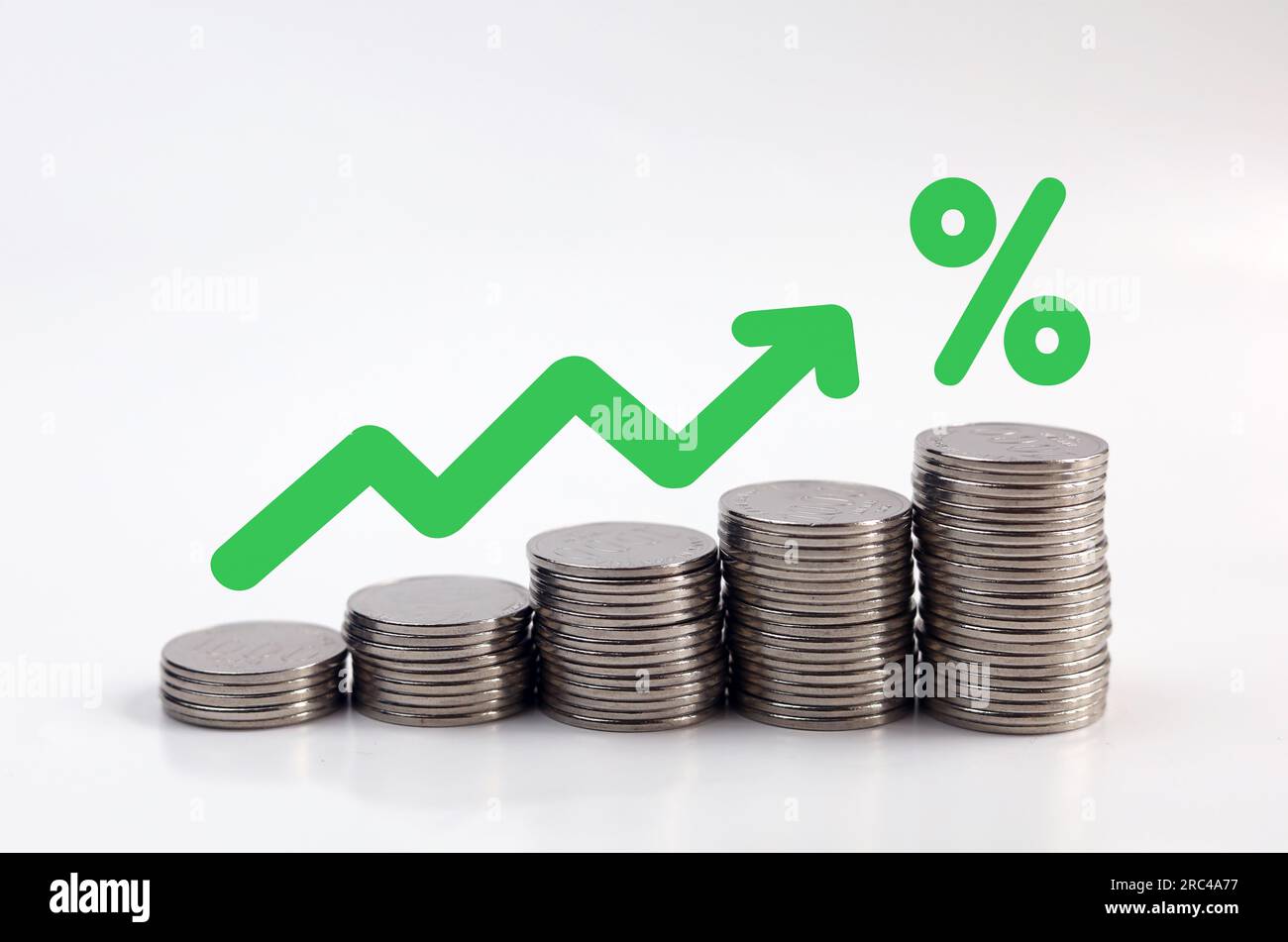 Coins money stacking with up arrow and percentage symbol for financial ...