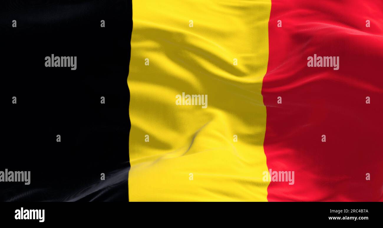 Close-up of the national flag of Belgium waving. Three equal vertical ...
