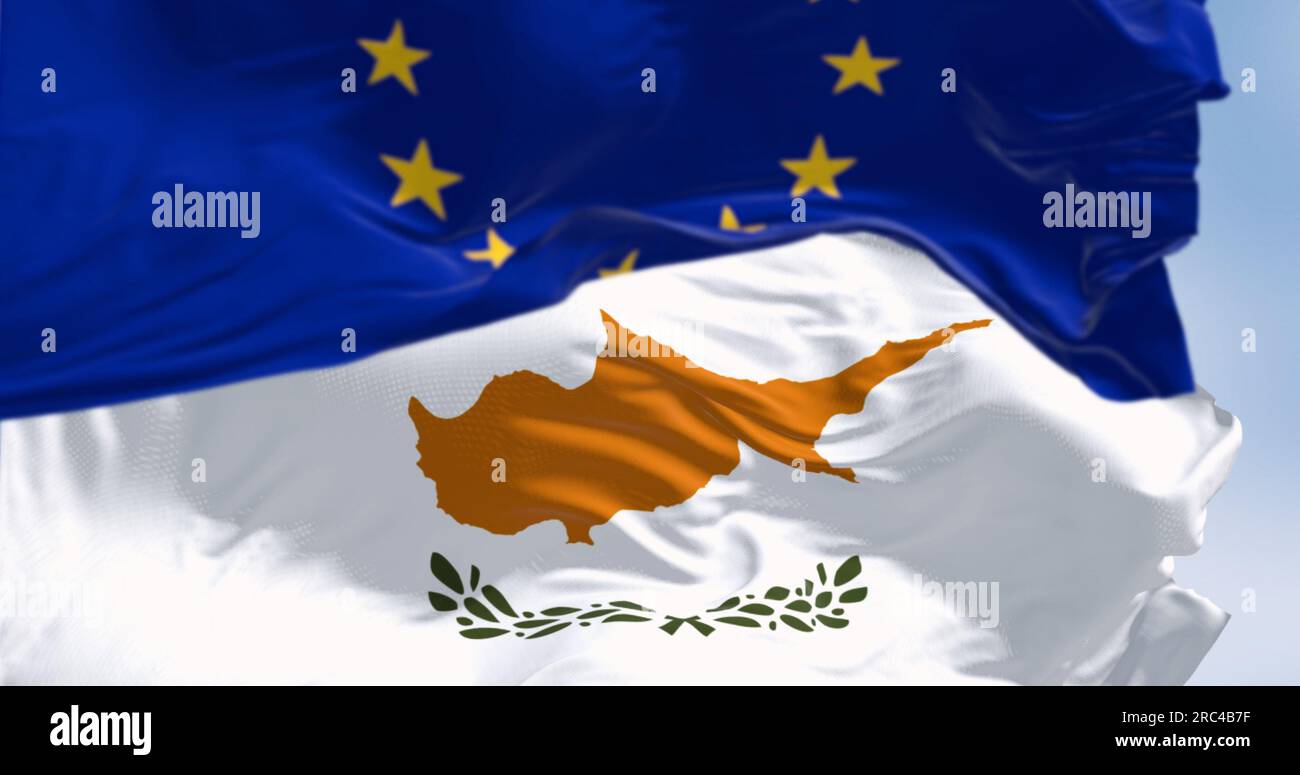 Cypriot flag waving with European Union flag. Symbolic unity and pride ...