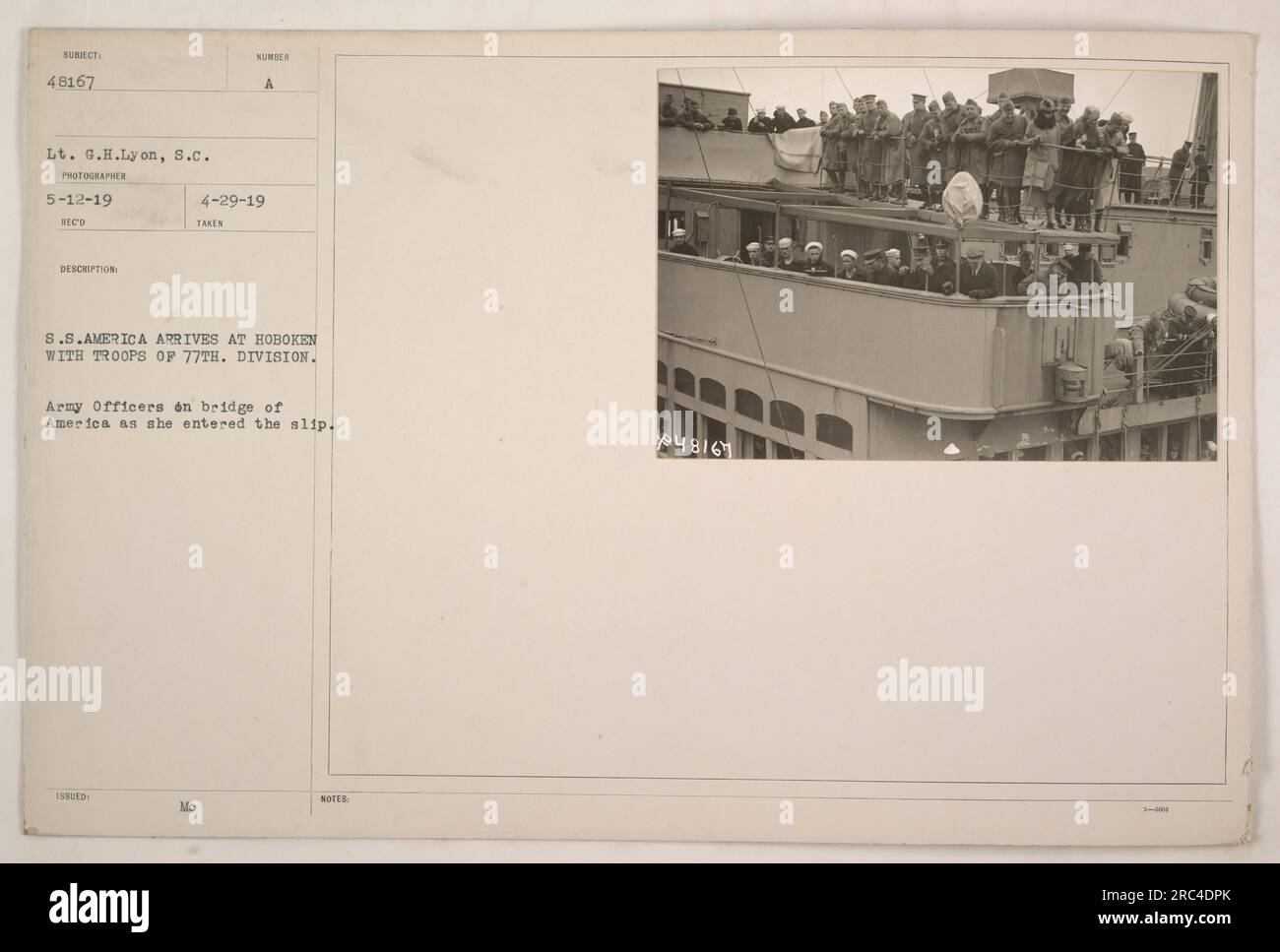 "S.S. America arrives in Hoboken with troops of the 77th Division. Army ...