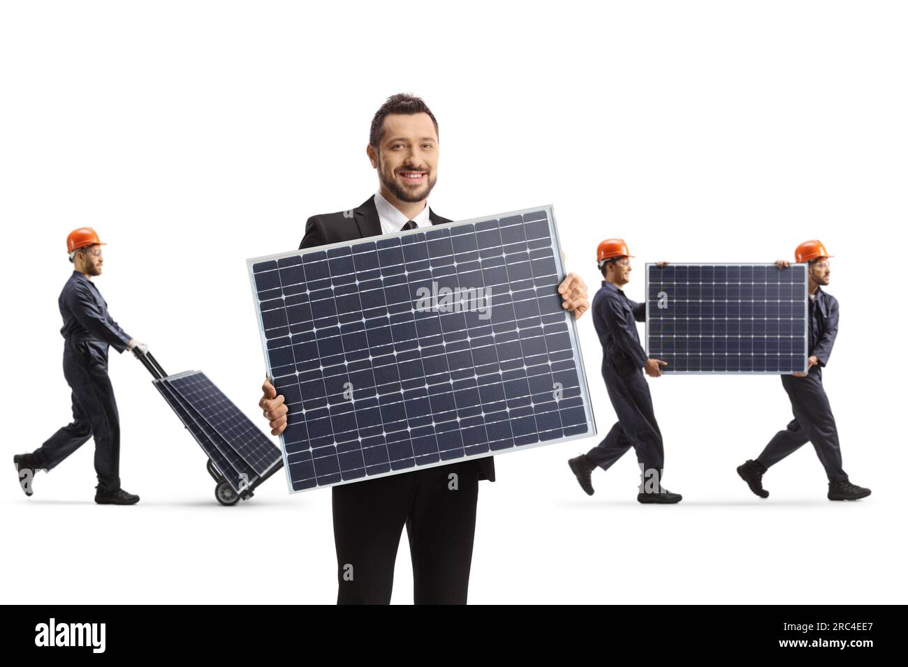 Solar panel factory manager with workers carrying panels isolated on ...