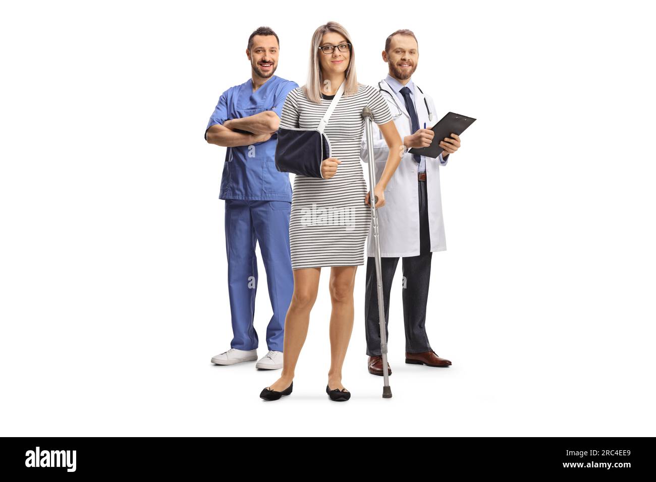 Woman with an injured arm and leg standing with a male doctors isolated ...