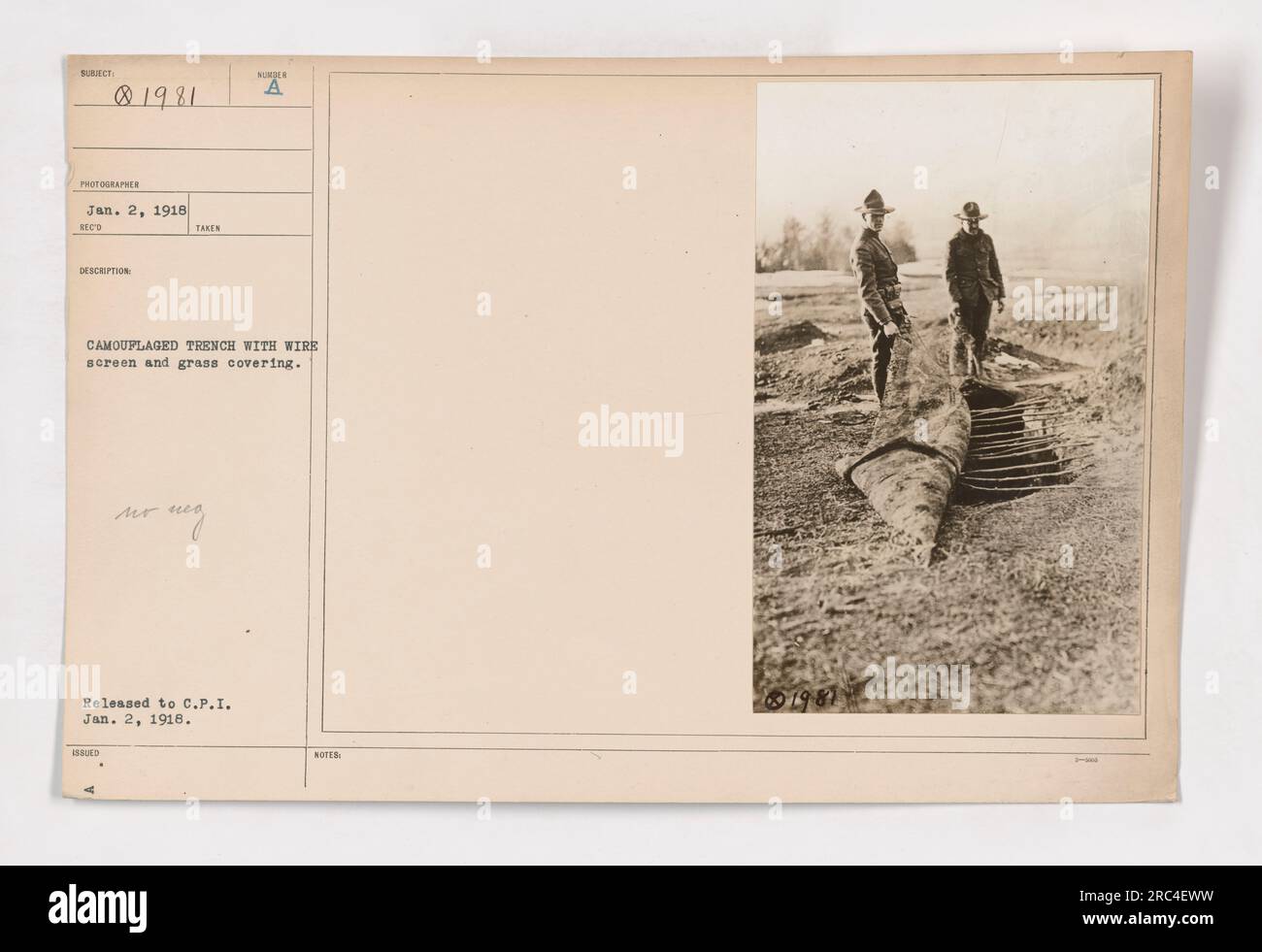 A camouflaged machine gun emplacement in a trench, covered with wire ...