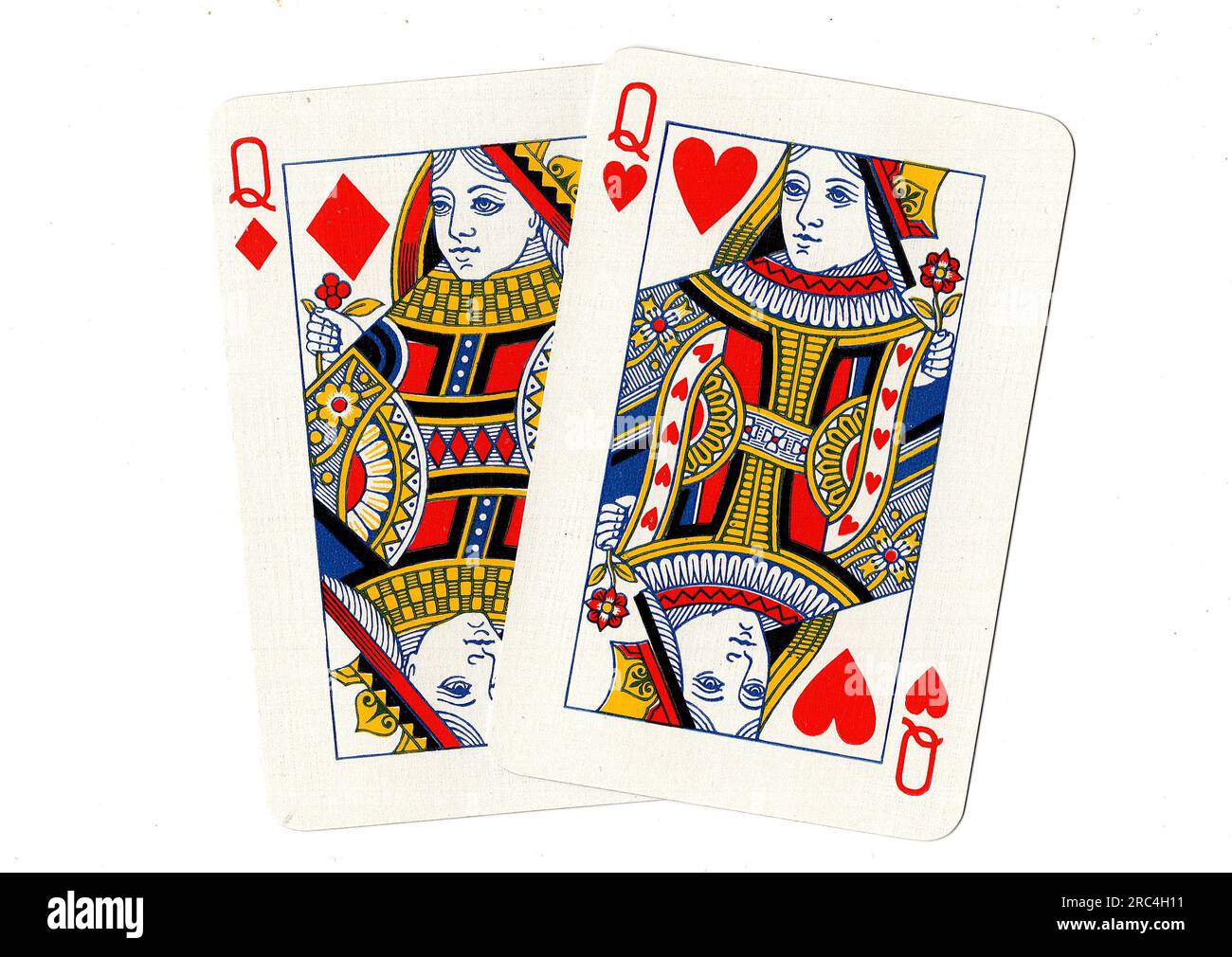 Vintage playing cards showing a pair of queens on a white background ...